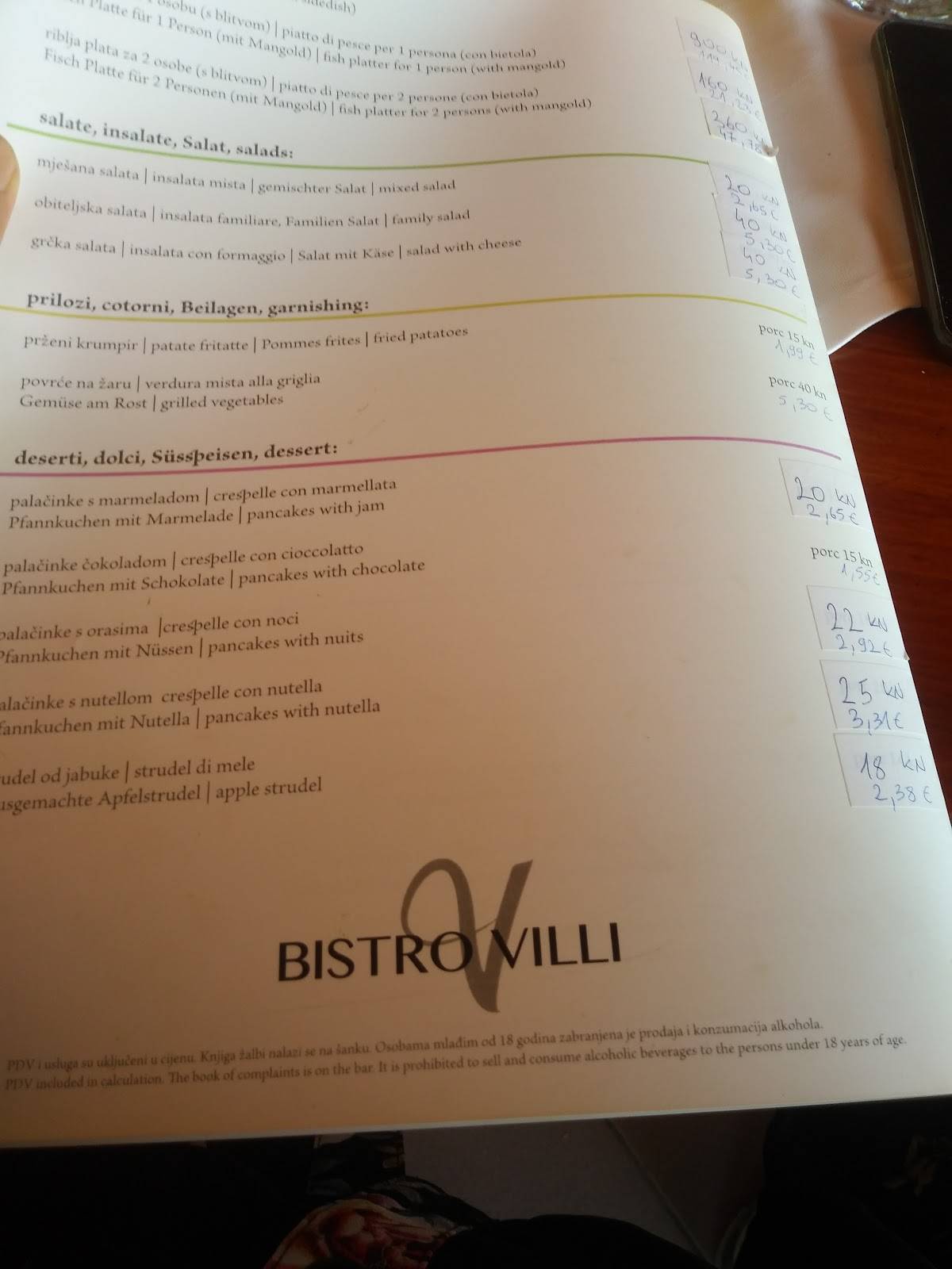 Menu at Bistro Villi restaurant, Pula