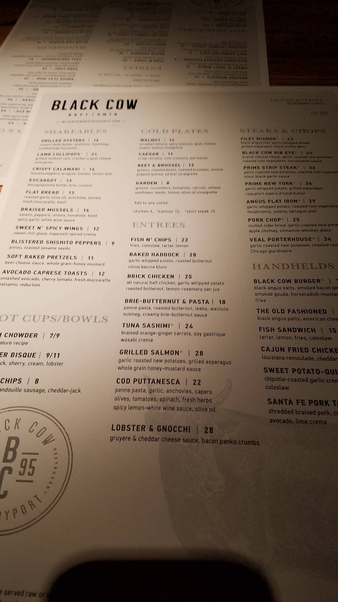 Menu at Black Cow restaurant, Newburyport