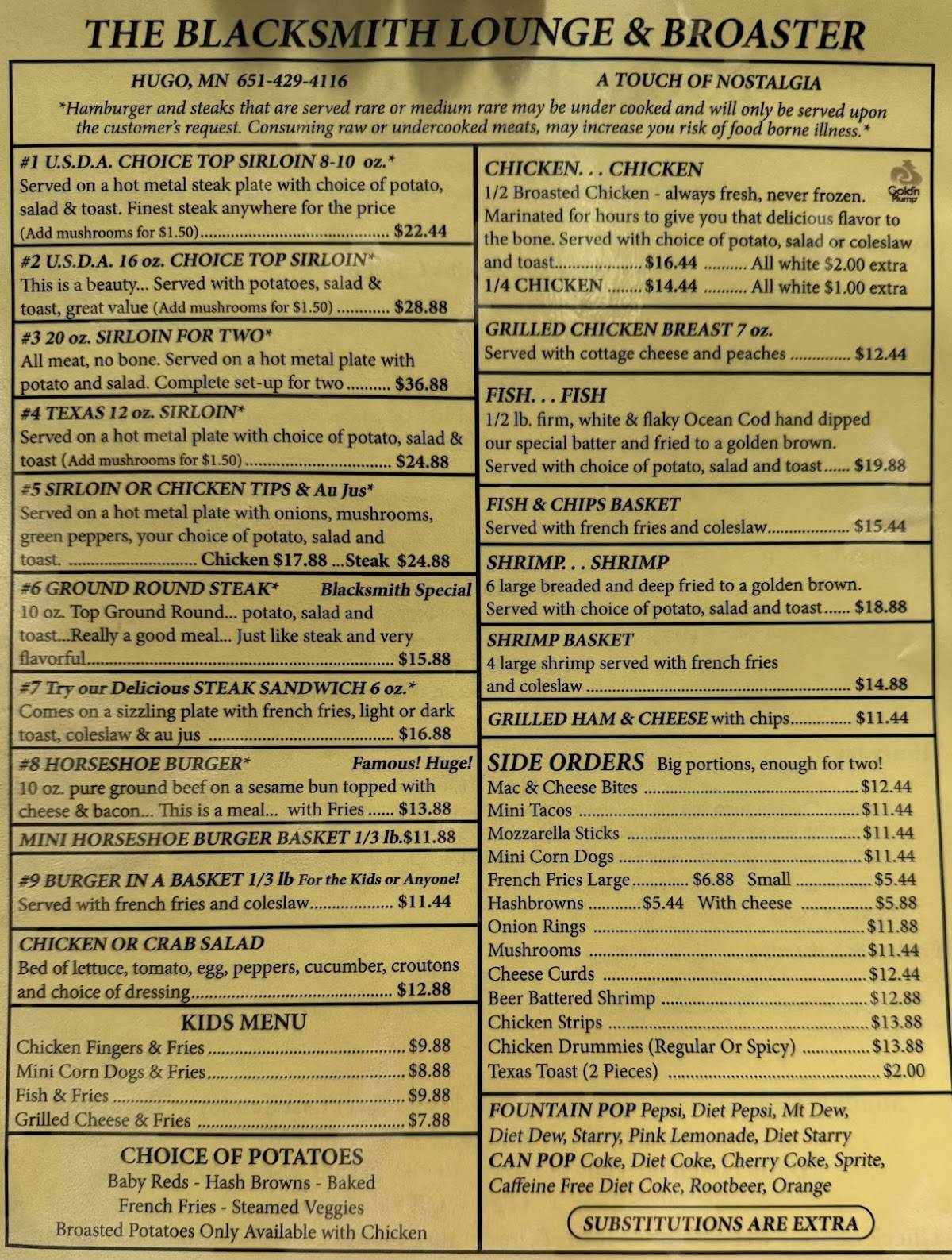 Menu at Blacksmith Lounge & Broaster restaurant, Hugo