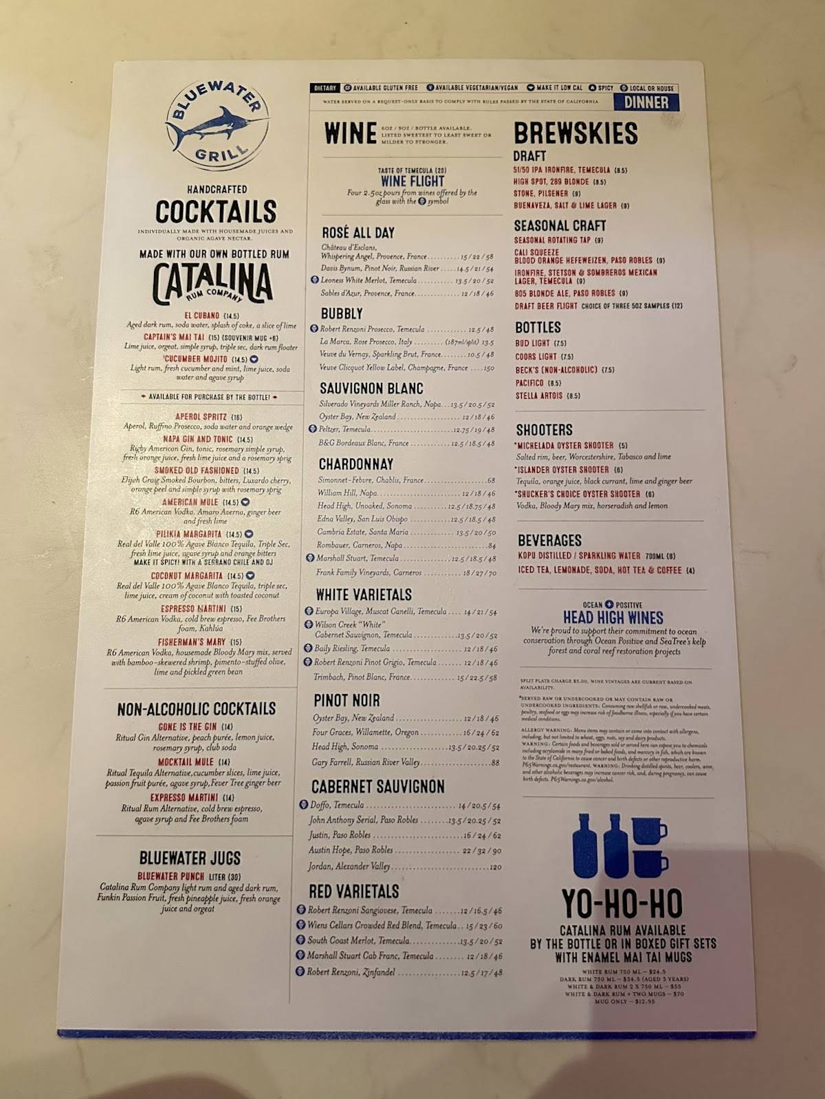 Menu at Bluewater Grill restaurant, Temecula