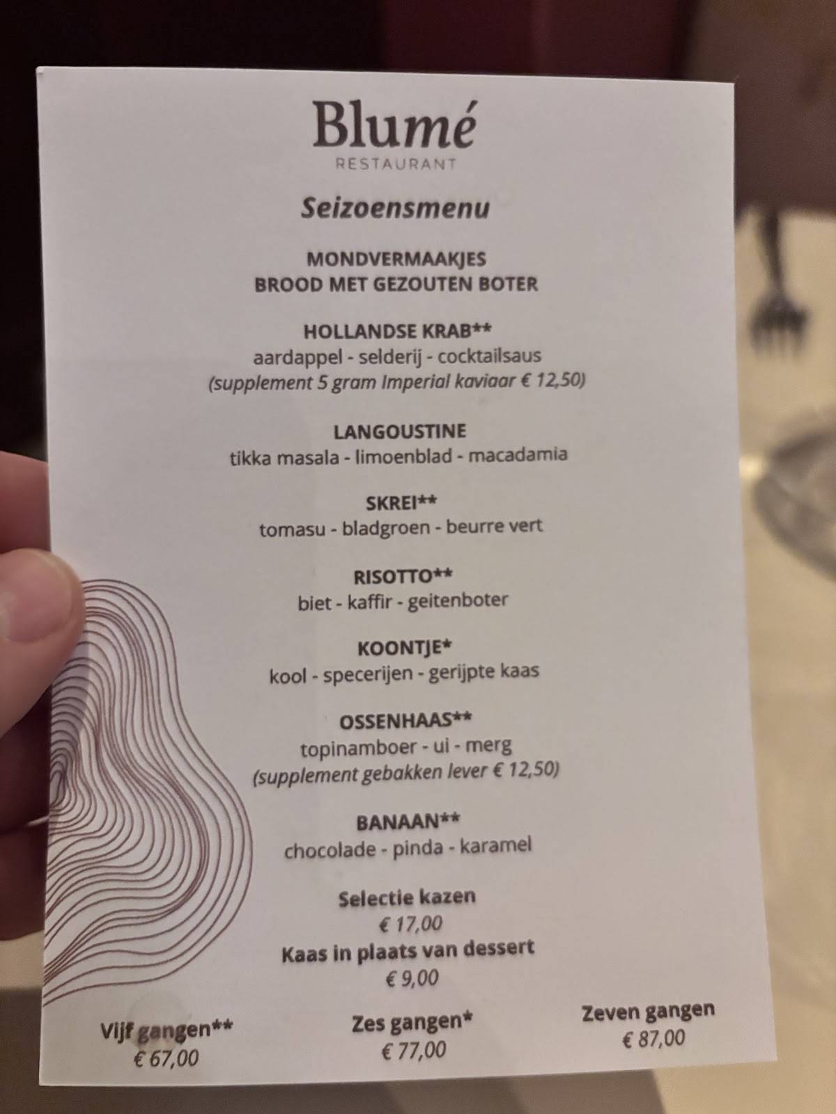 Menu at Restaurant Blumé, Groningen