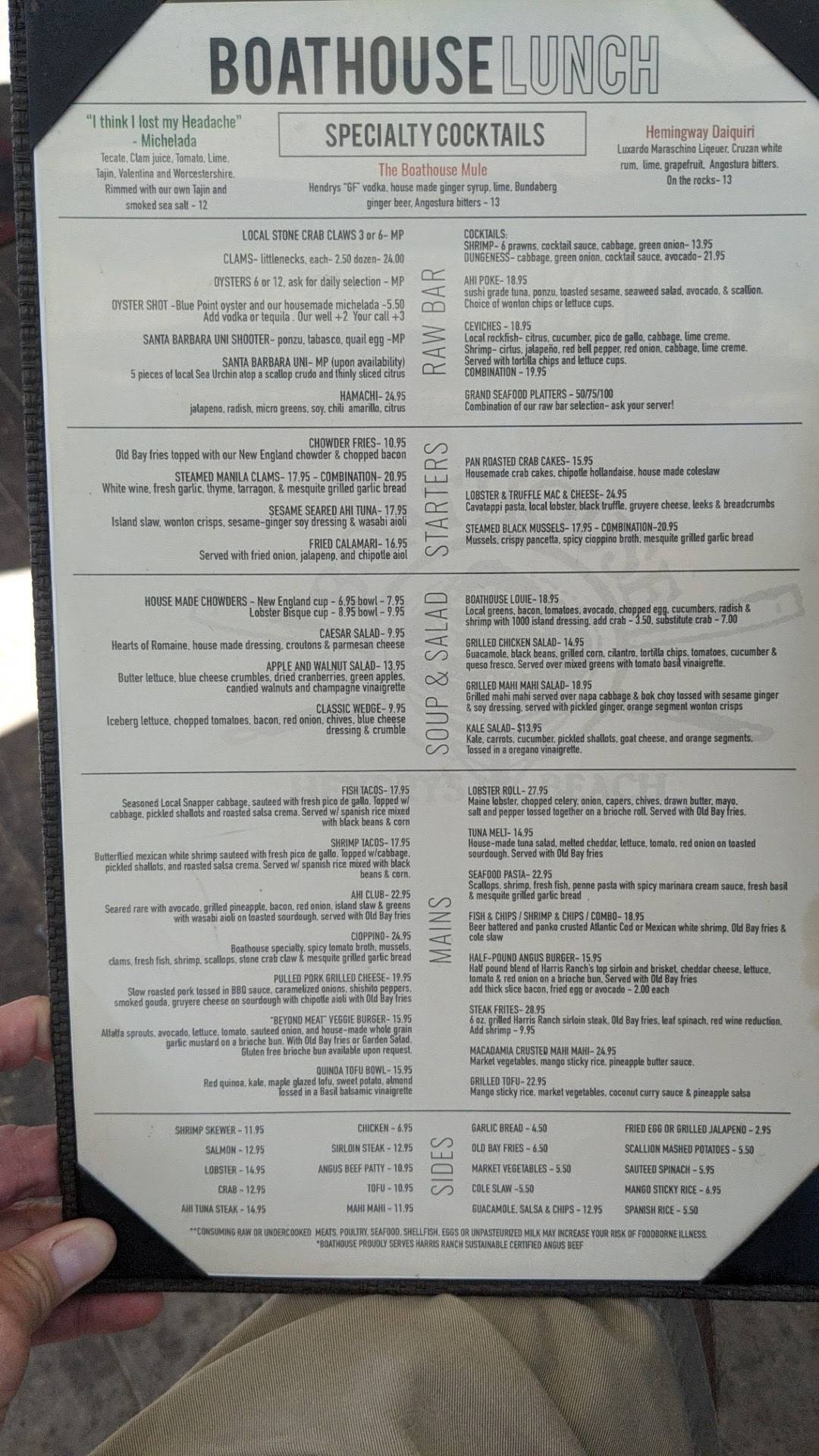 Menu at Boathouse at Hendry's Beach restaurant, Santa Barbara