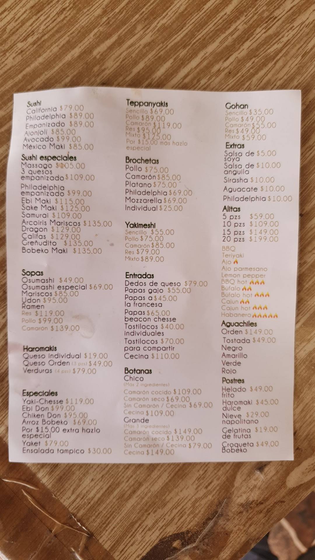Menu at Bobeko Maki restaurant, Guadalajara