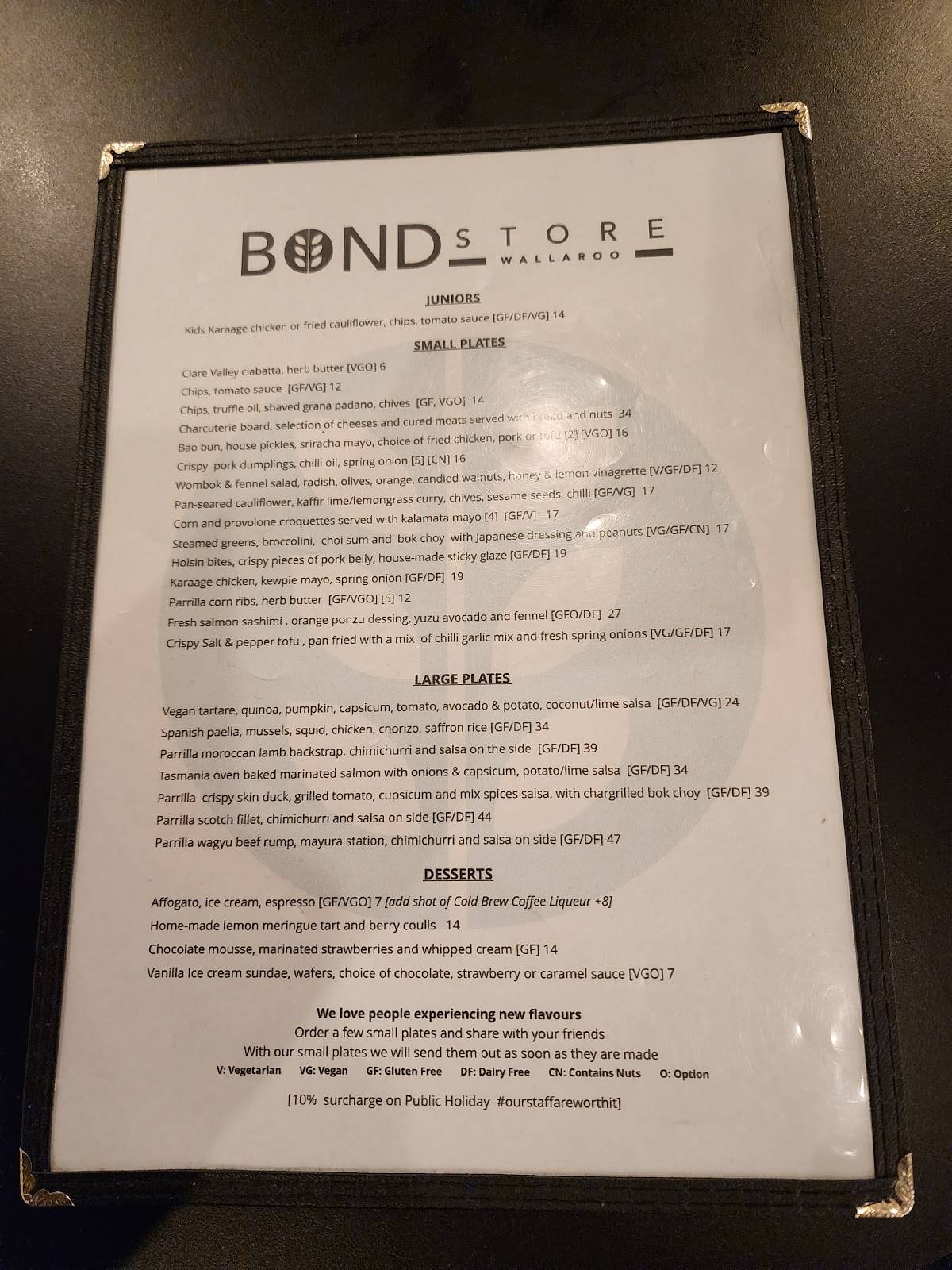 Menu at Bond Store Wallaroo restaurant, Wallaroo
