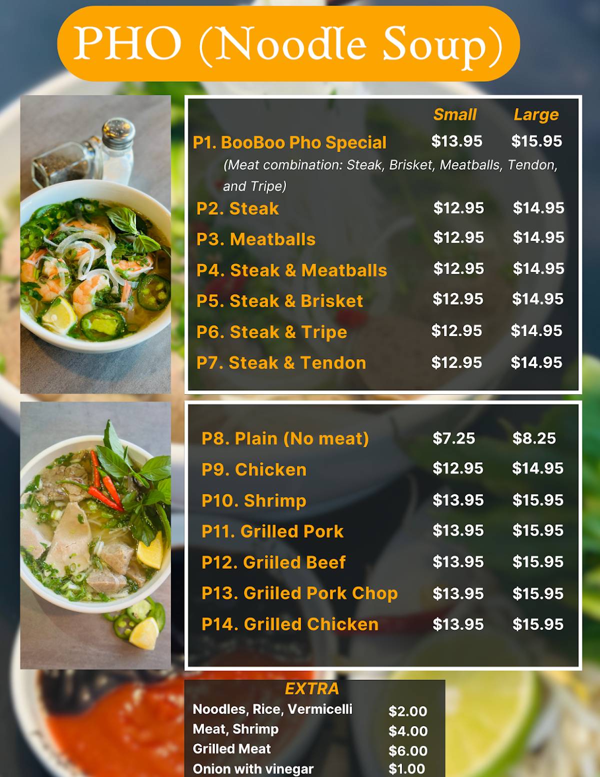 Menu at Booboo Pho restaurant, Montgomery Village