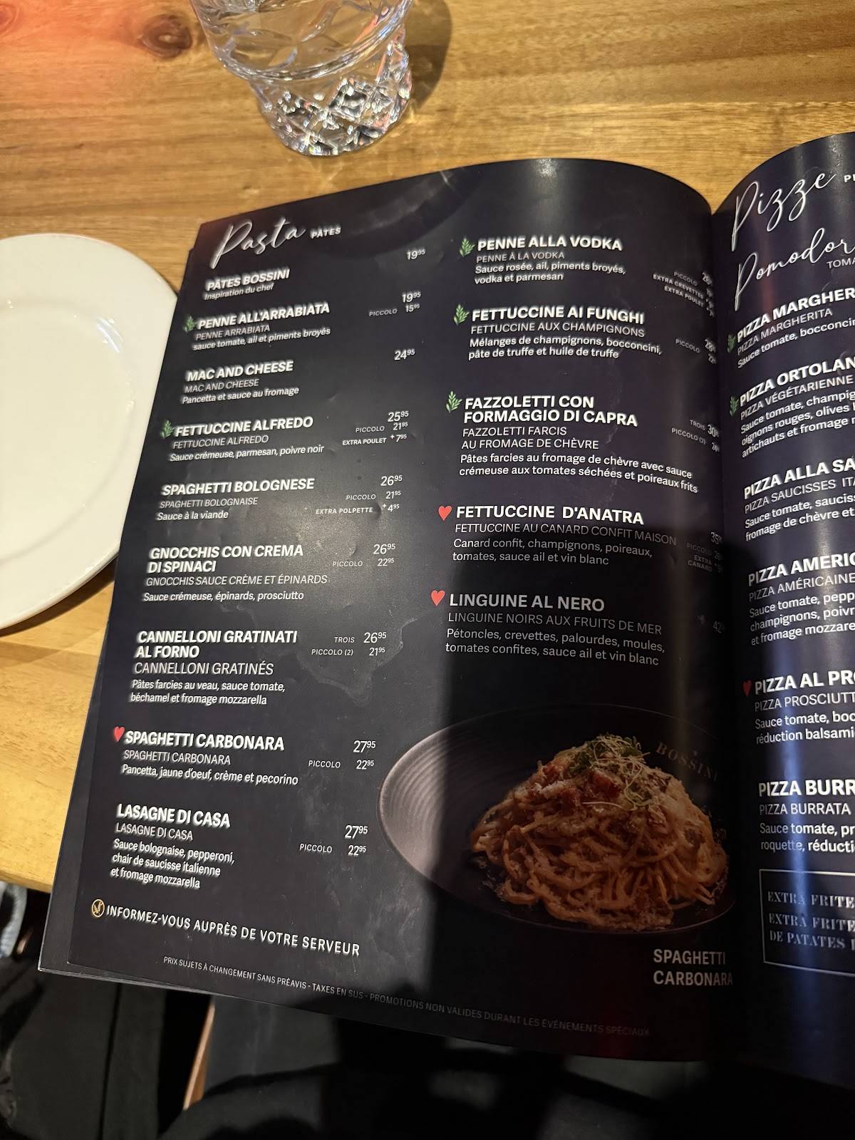 Menu au Bossini restaurant, Québec