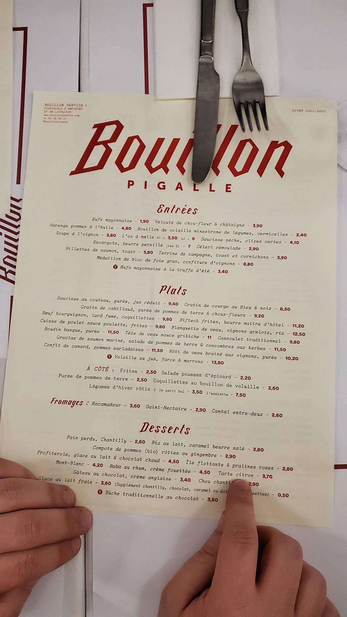 Menu at Bouillon Pigalle restaurant, Paris