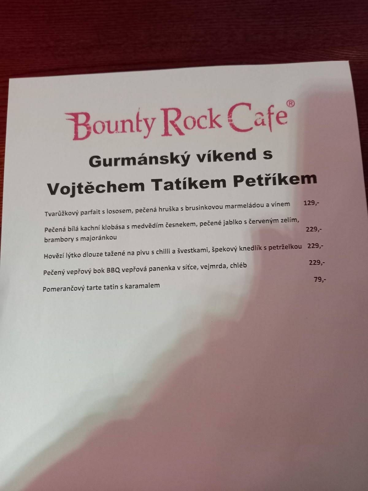 Menu at Bounty Rock Cafe, Olomouc, Hálkova 2 – vstup z
