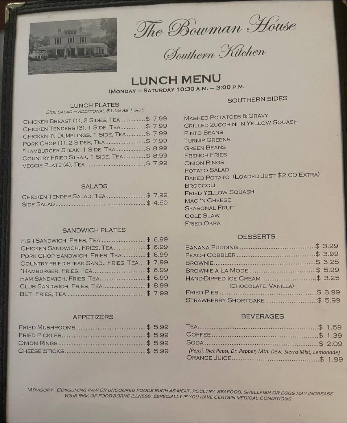 Menu at The Bowman House southern kitchen restaurant, Bowman