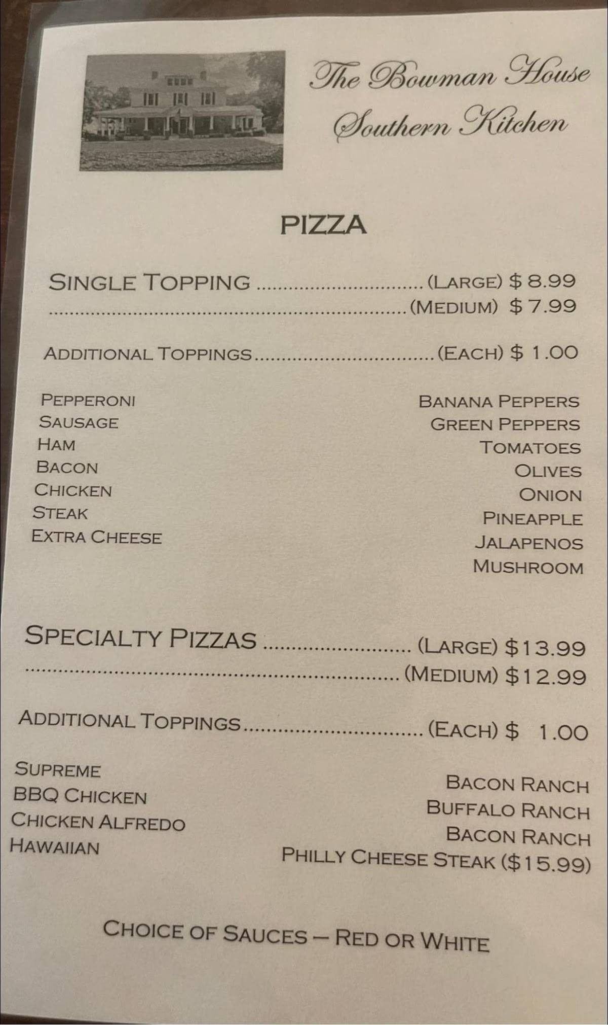 Menu at The Bowman House southern kitchen restaurant, Bowman