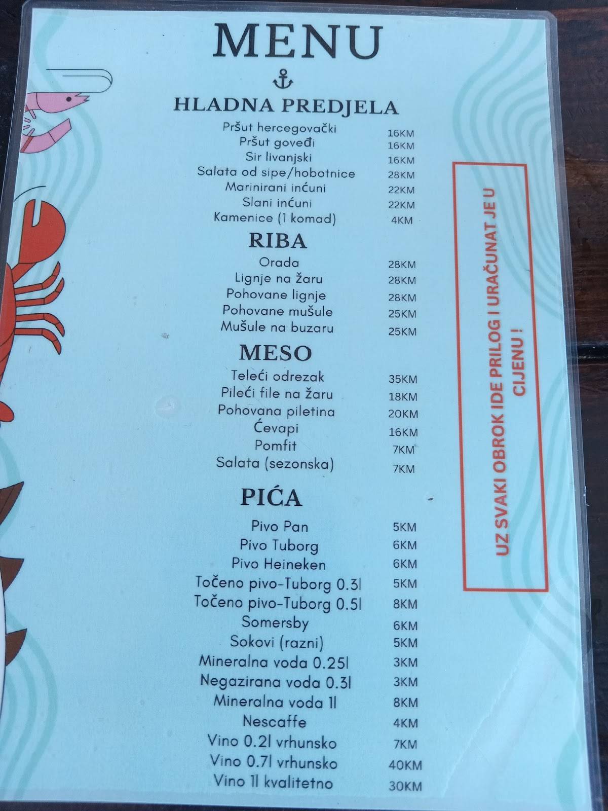 Speisekarte von Brod Ivana Floating restaurant, Neum