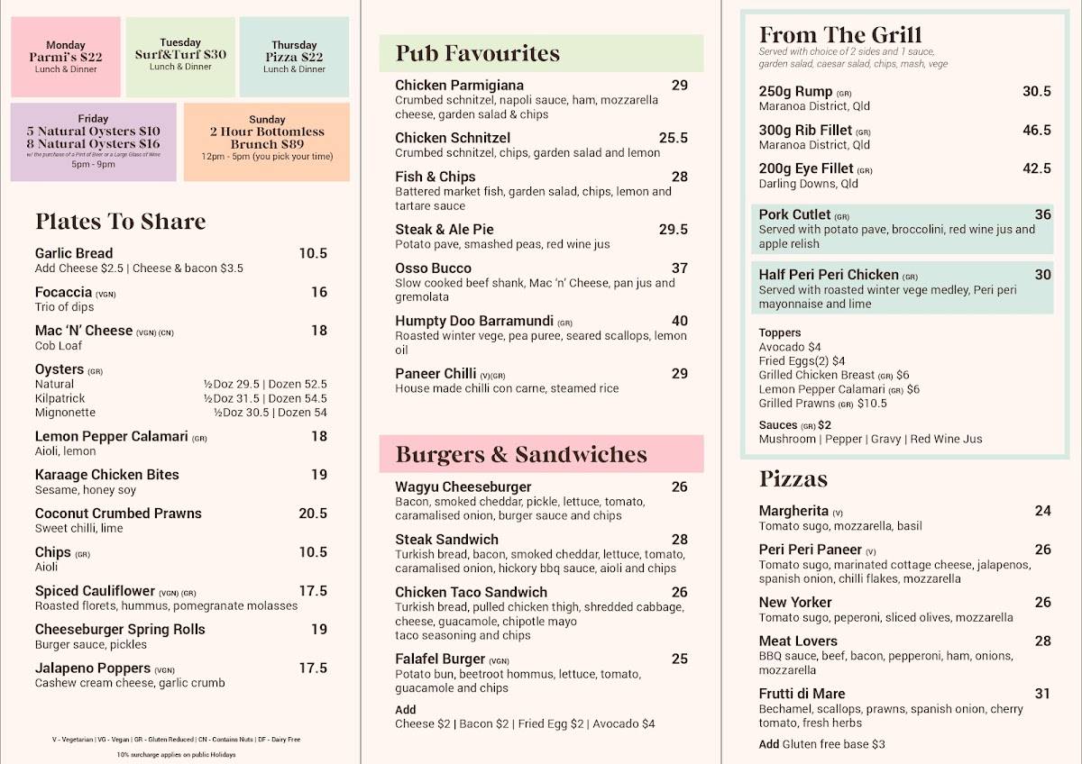 Menu at Brunswick Hotel restaurant, New Farm