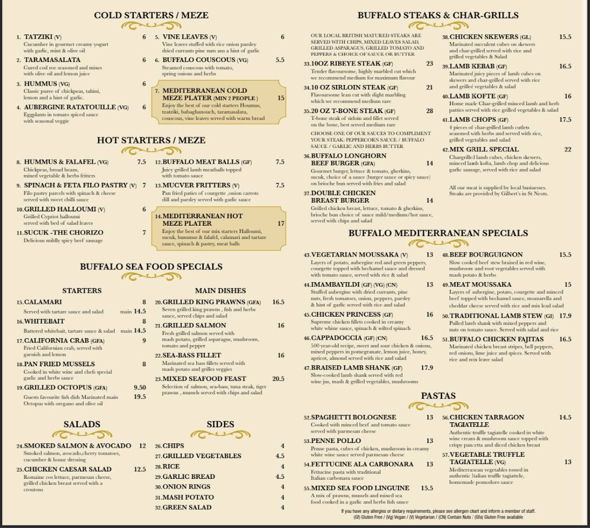 Menu at Buffalo Mediterranean Restaurant, Saint Neots