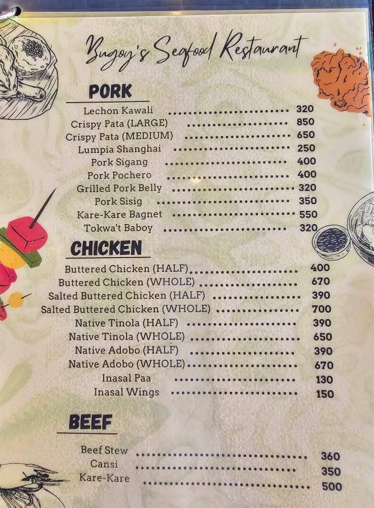 Menu at Bugoy's Seafood Restaurant, Iloilo City, Coastal Road