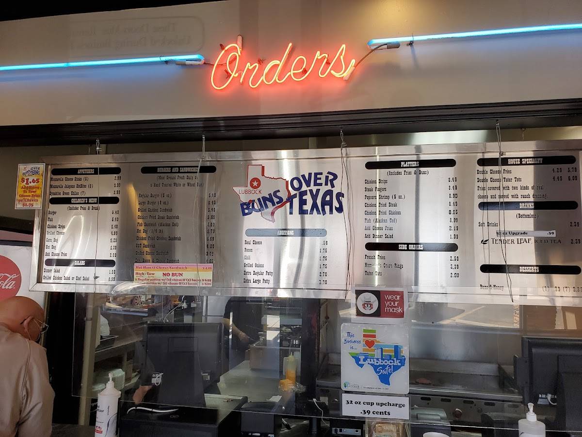 Menu at Buns Over Texas restaurant, Lubbock