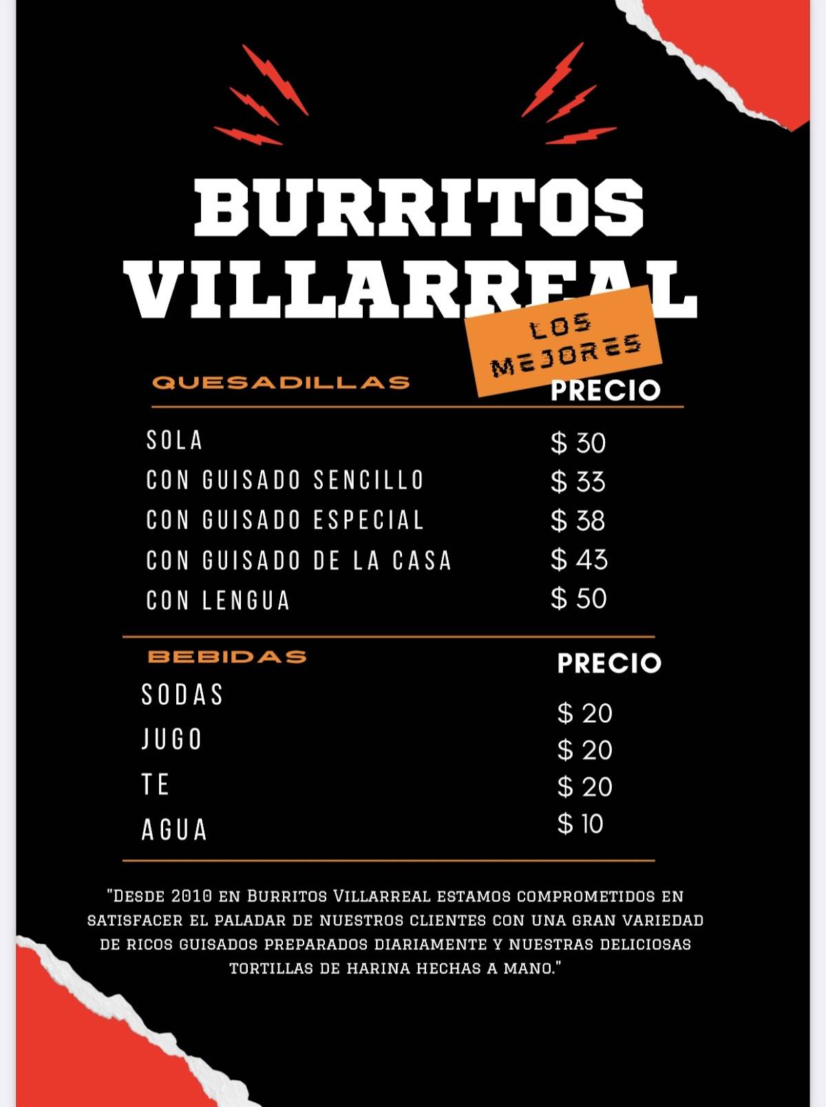 Carta del restaurante Burritos Villarreal, Ciudad Juarez