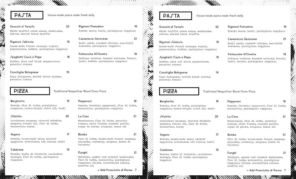 Menu at CIMA Enoteca restaurant, Hamilton