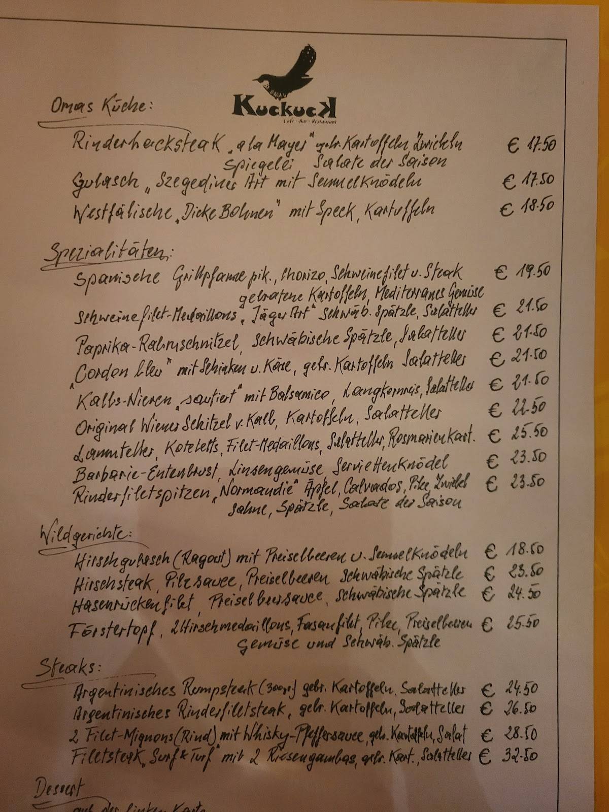 Speisekarte von Café Bar Restaurant Kuckuck, Iserlohn