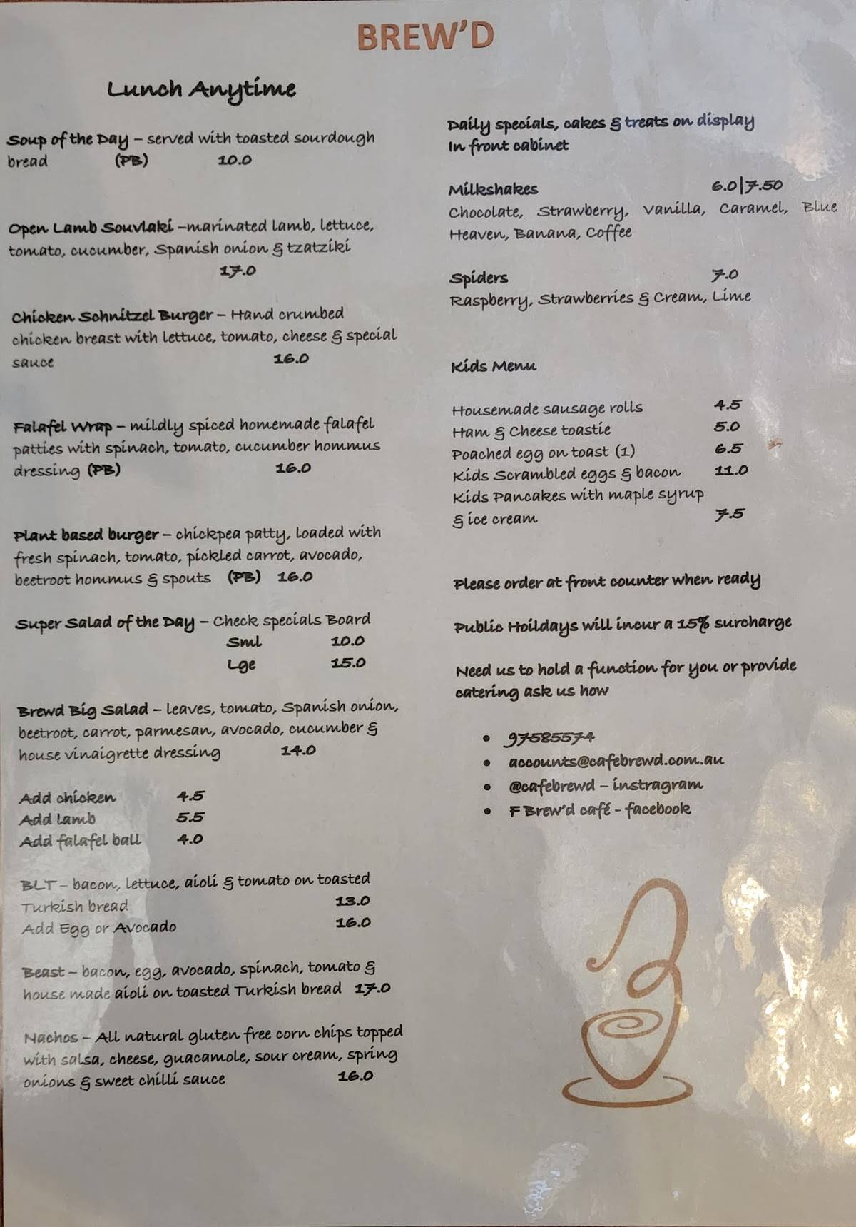 Menu at Cafe Brood, Upper Ferntree Gully