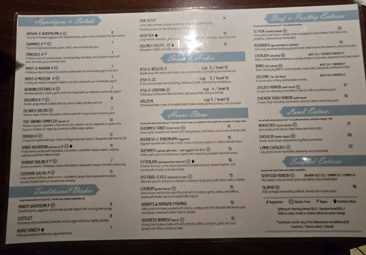 Menu at Cafe Caspian, Houston