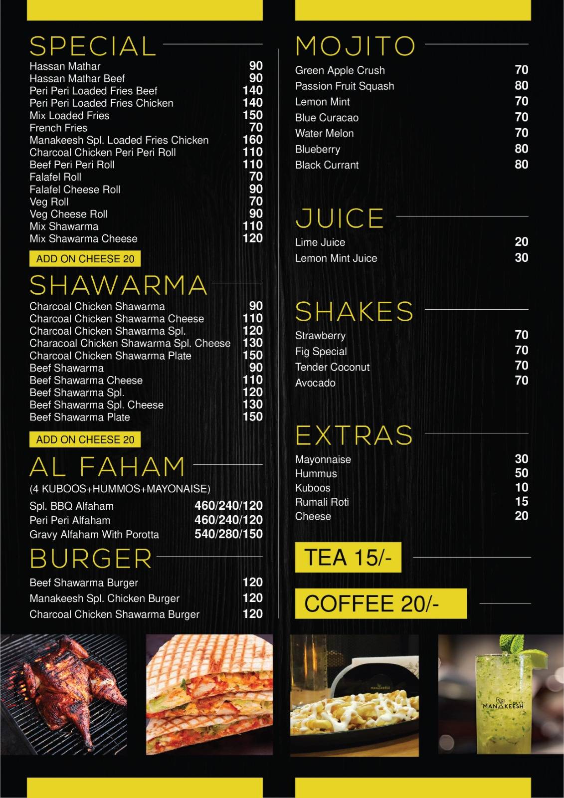 Menu at Cafe Manakeesh, Thalassery