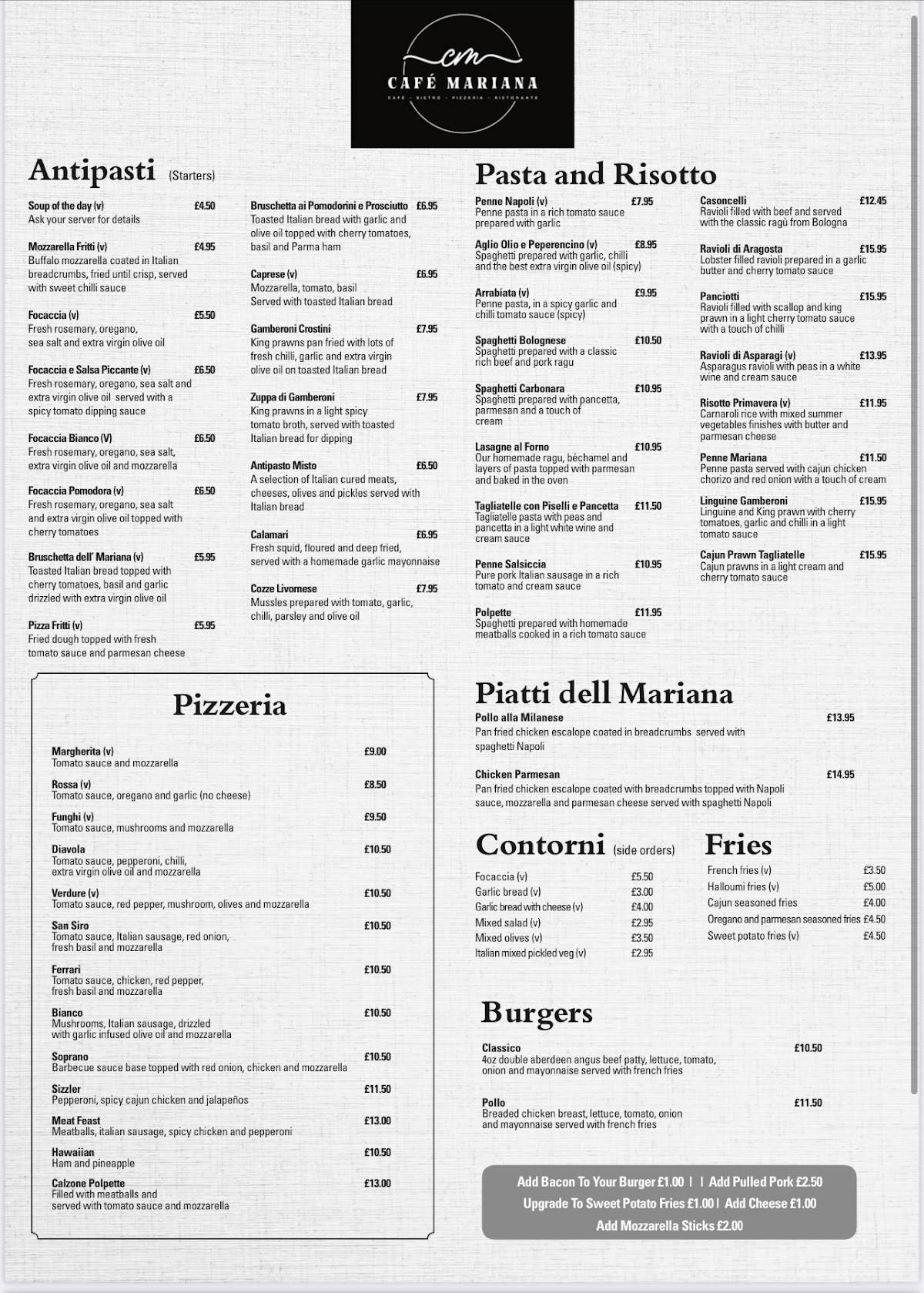 Menu at Café Mariana restaurant, Kirkintilloch