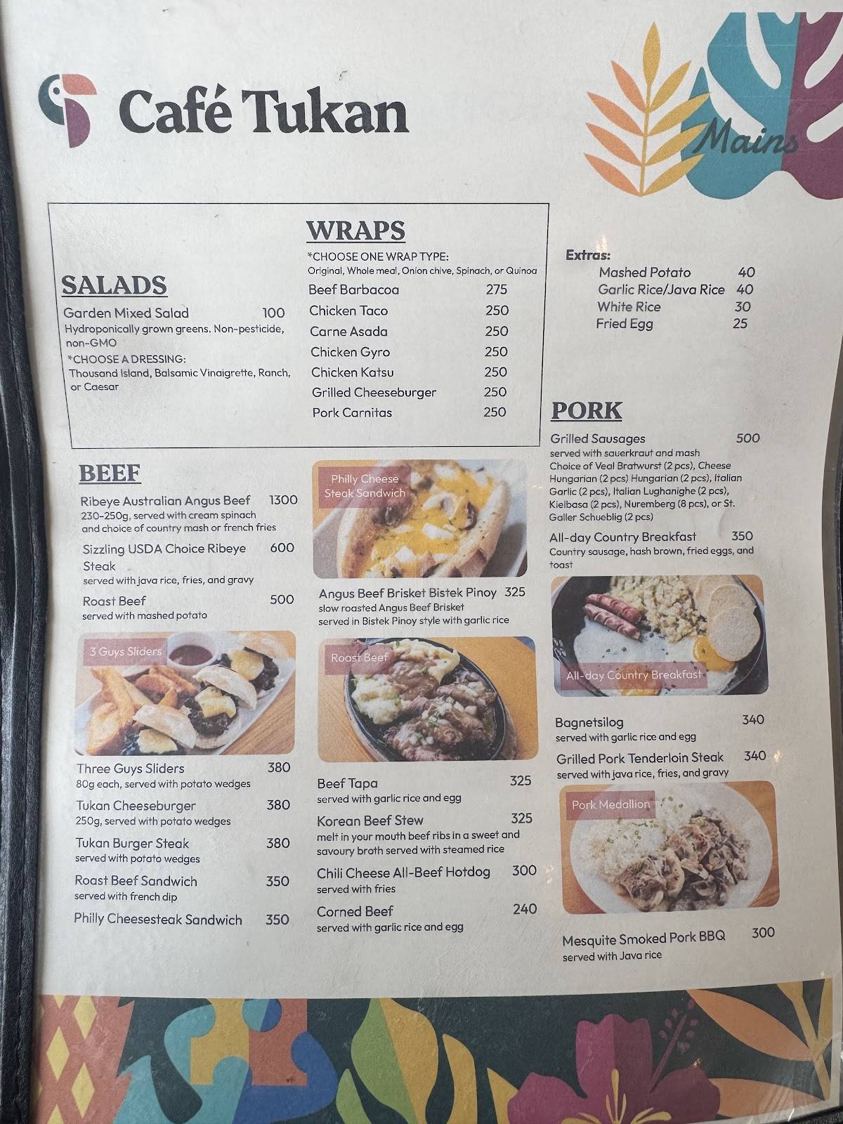 Menu at Café Tukan restaurant, Lucena, Isabang