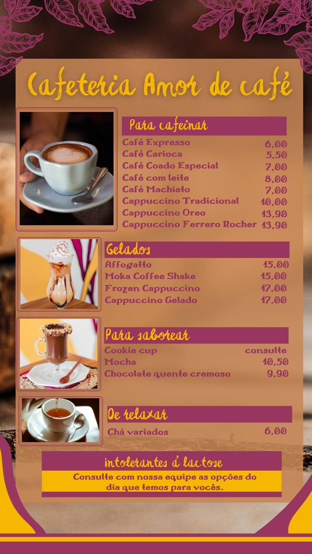 Menu em Cafeteria Amor de café, Salvador