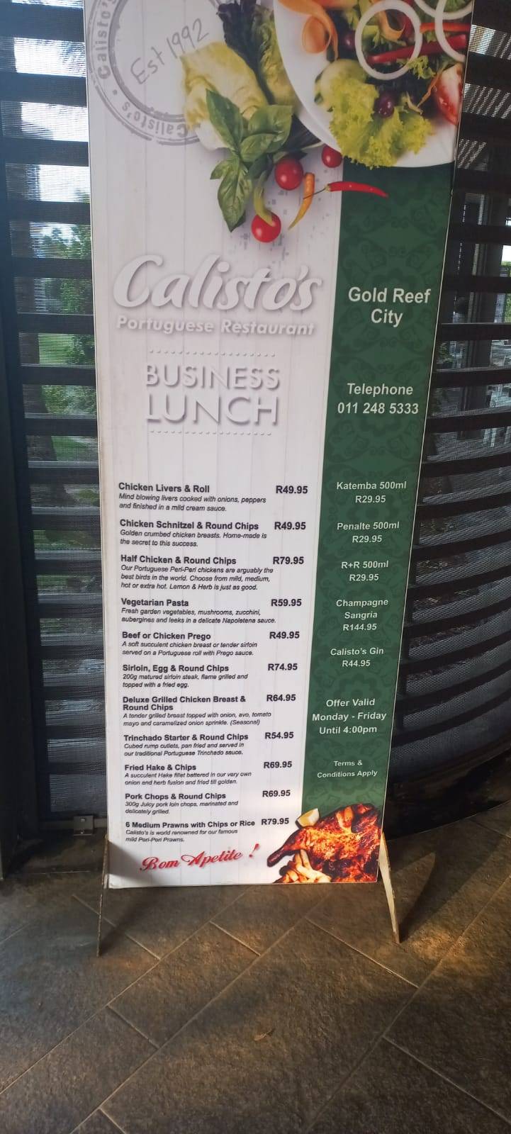 Menu at Calisto's Suncoast restaurant, Durban