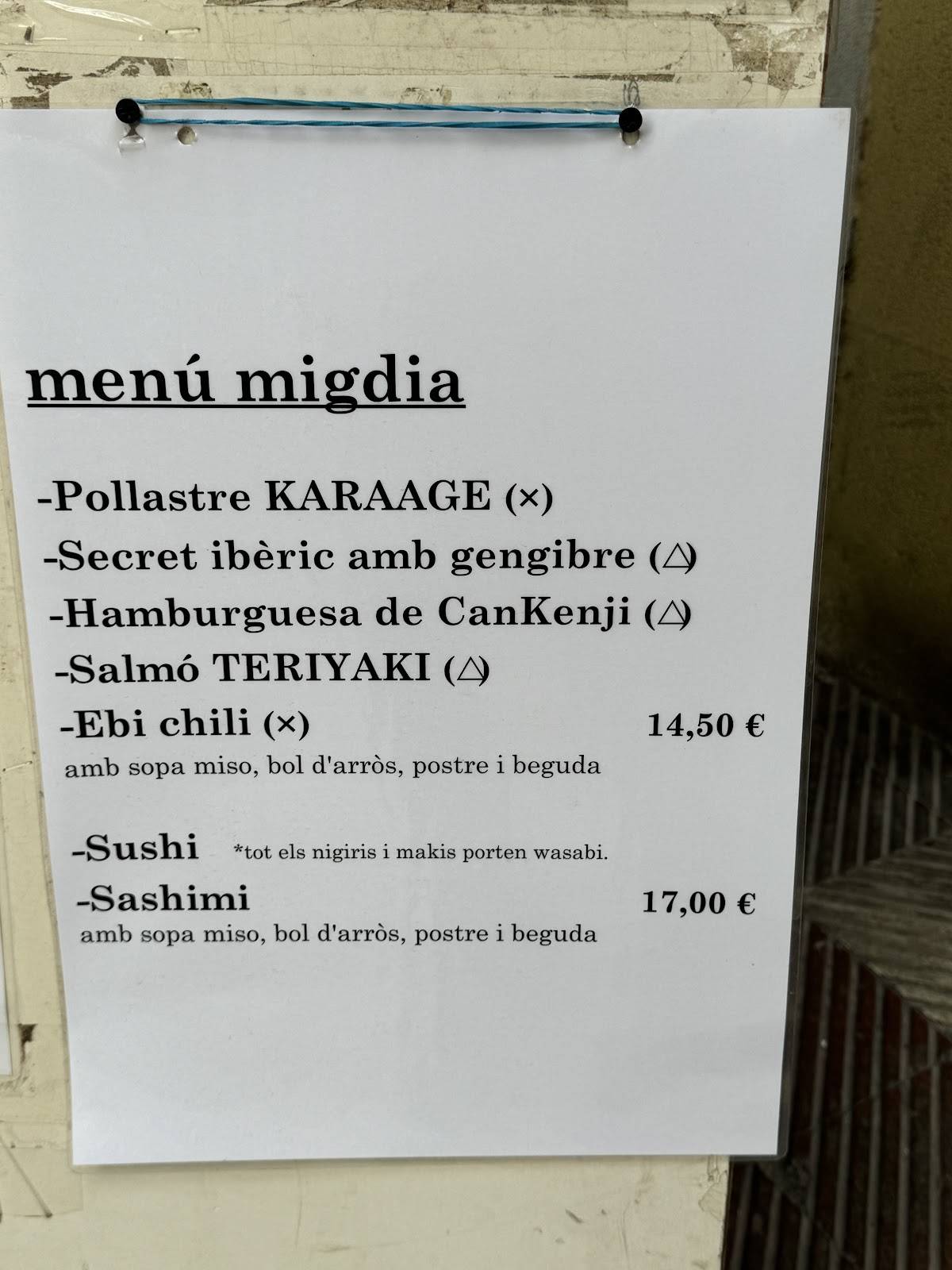 Menu at Can Kenji restaurant, Barcelona, Carrer del Rosselló