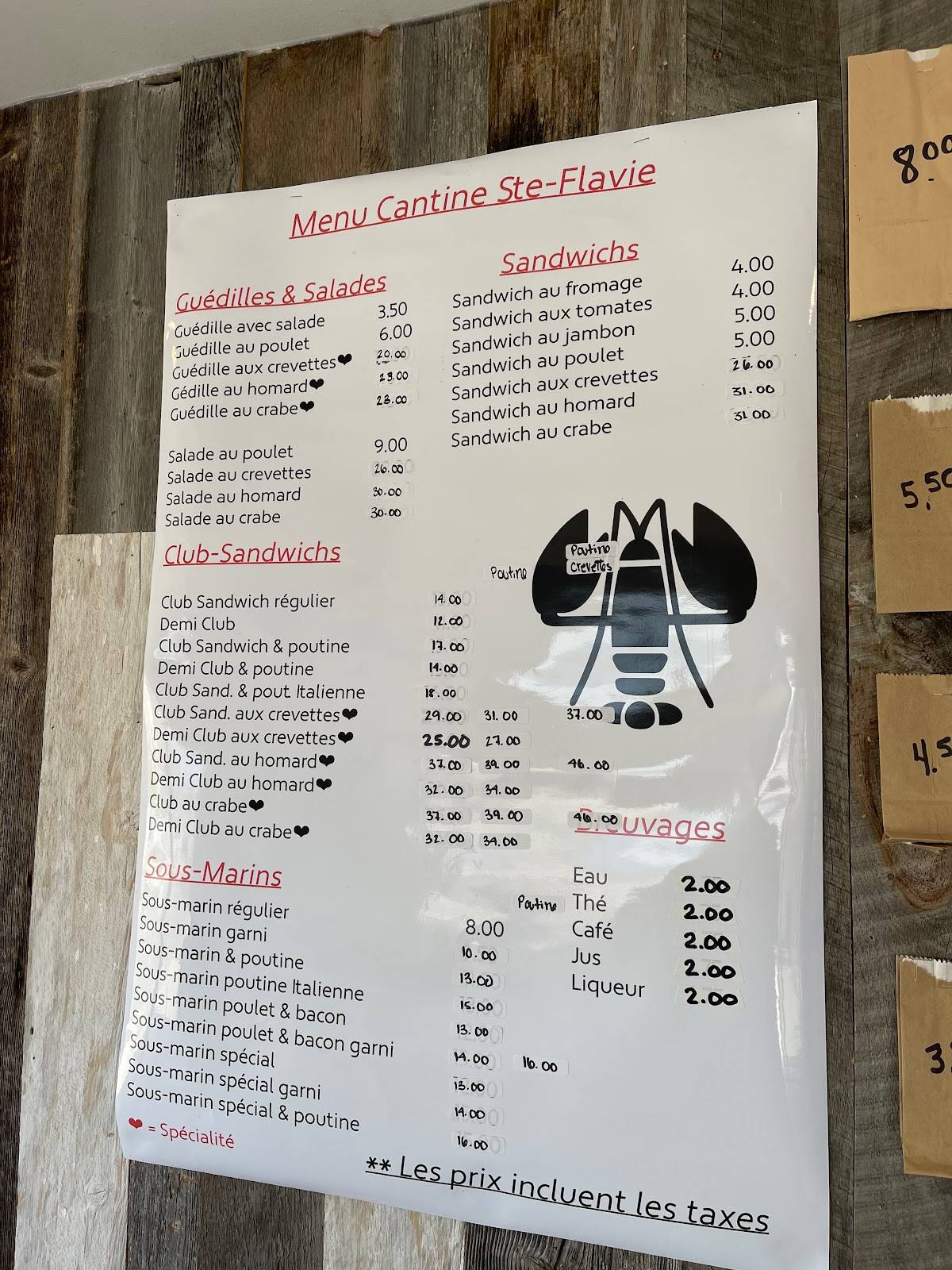Menu au Cantine Ste-Flavie restaurant, Mont-Joli