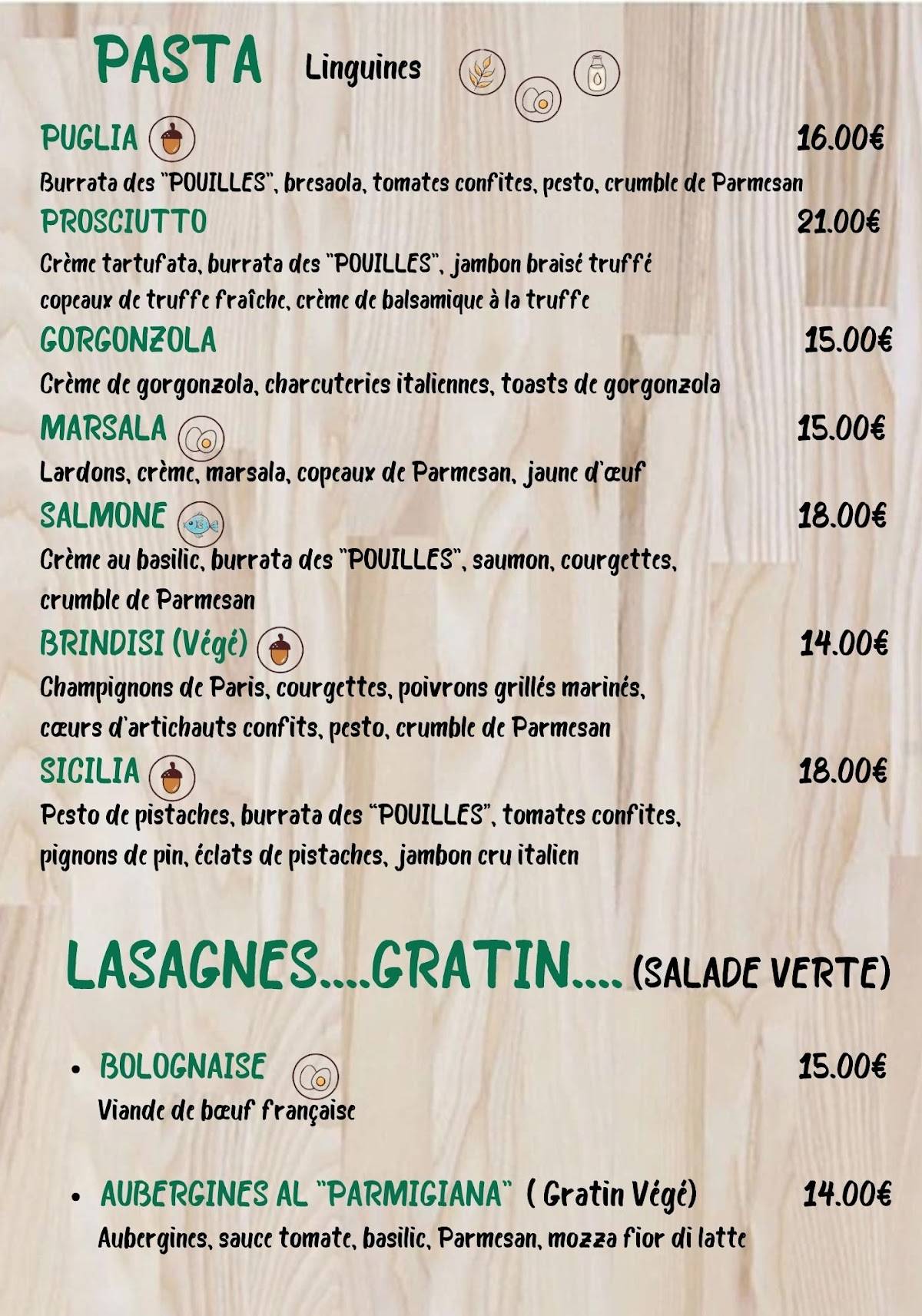 Menu au Casa puglia restaurant, Chartres-de-Bretagne