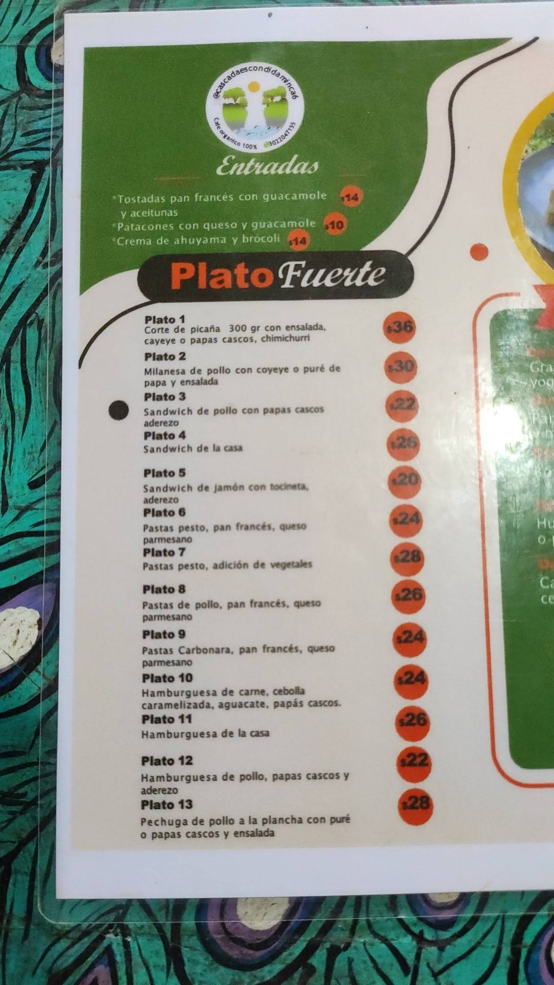 Menu at Cascada Escondida Minca restaurant, Minca