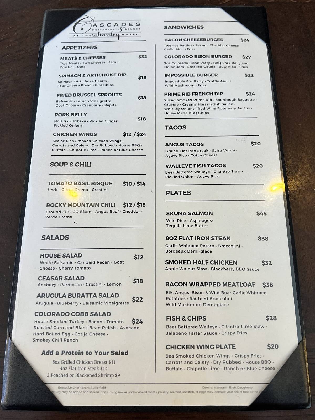 Menu at Cascade’s restaurant, Estes Park