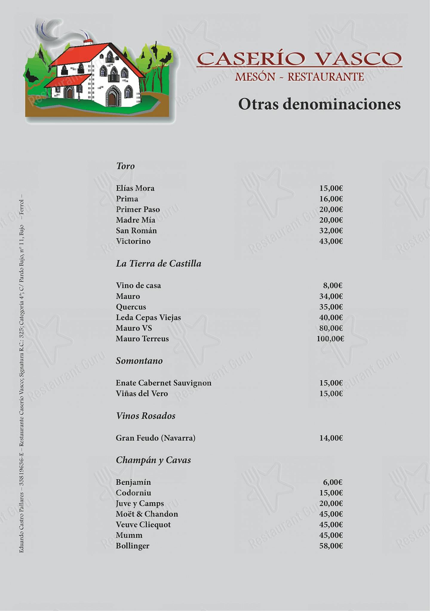 Carta del restaurante El Caserío Vasco, Ferrol