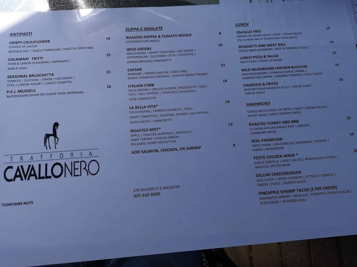 Menu at Cavallo Nero restaurant, Hamilton
