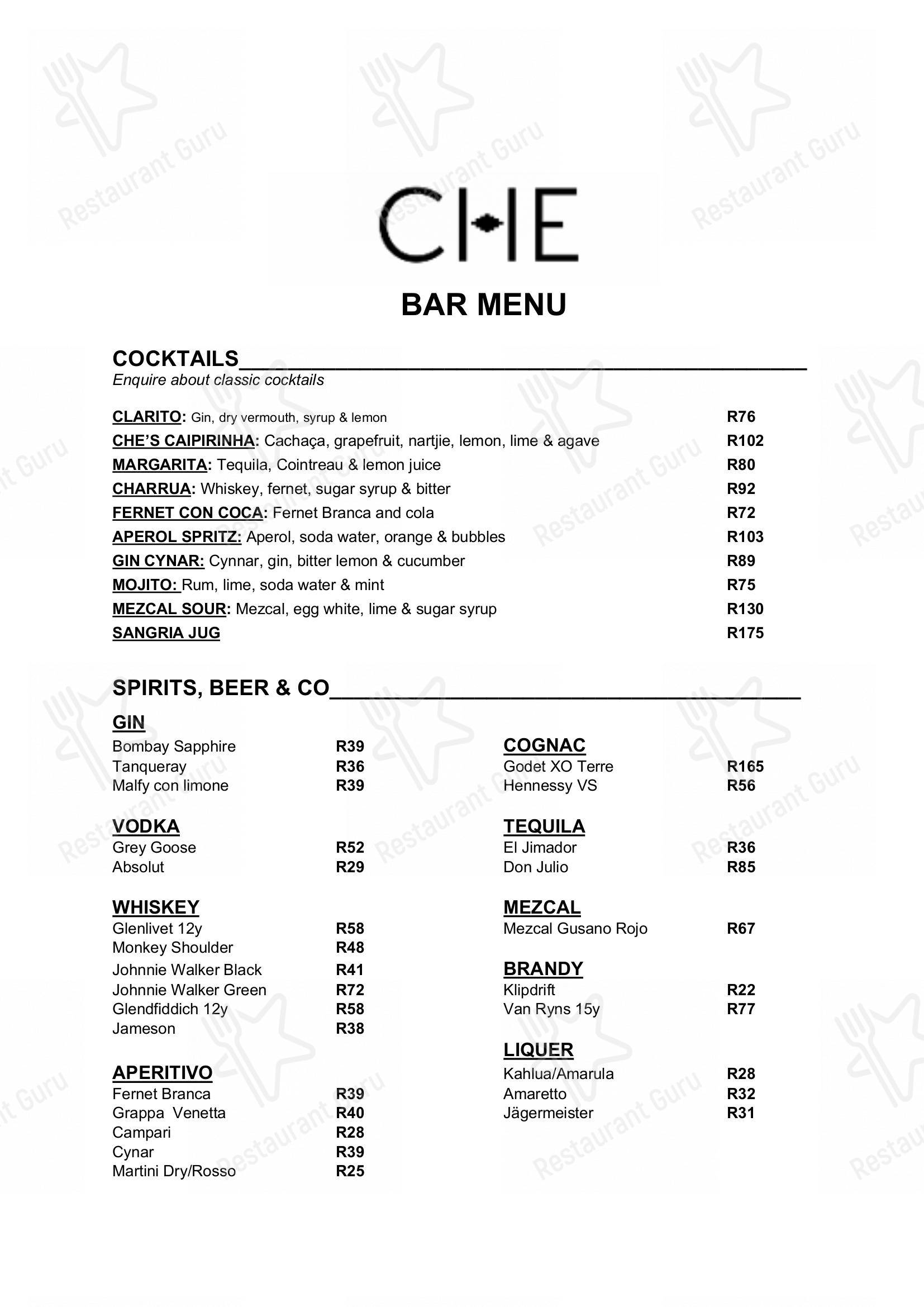 Menu at Che Argentine Grill restaurant, Johannesburg
