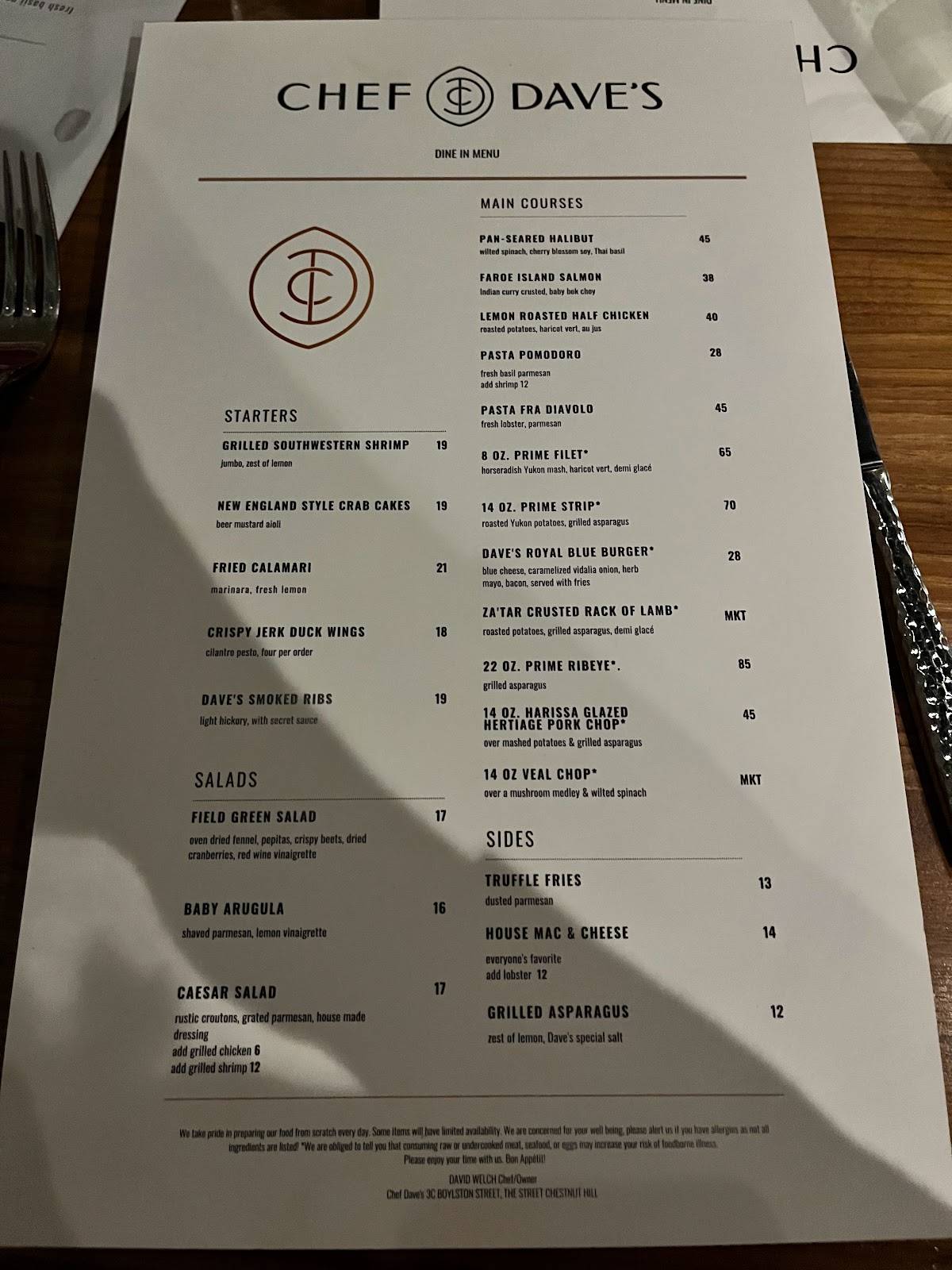 Menu at Chef Dave's restaurant, Brookline