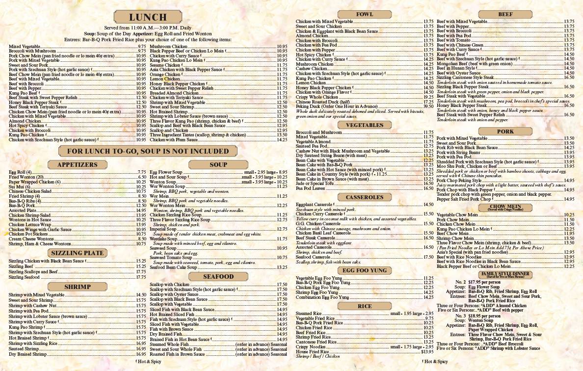 Menu at Chester's Asia Chinese Restaurant, Camarillo