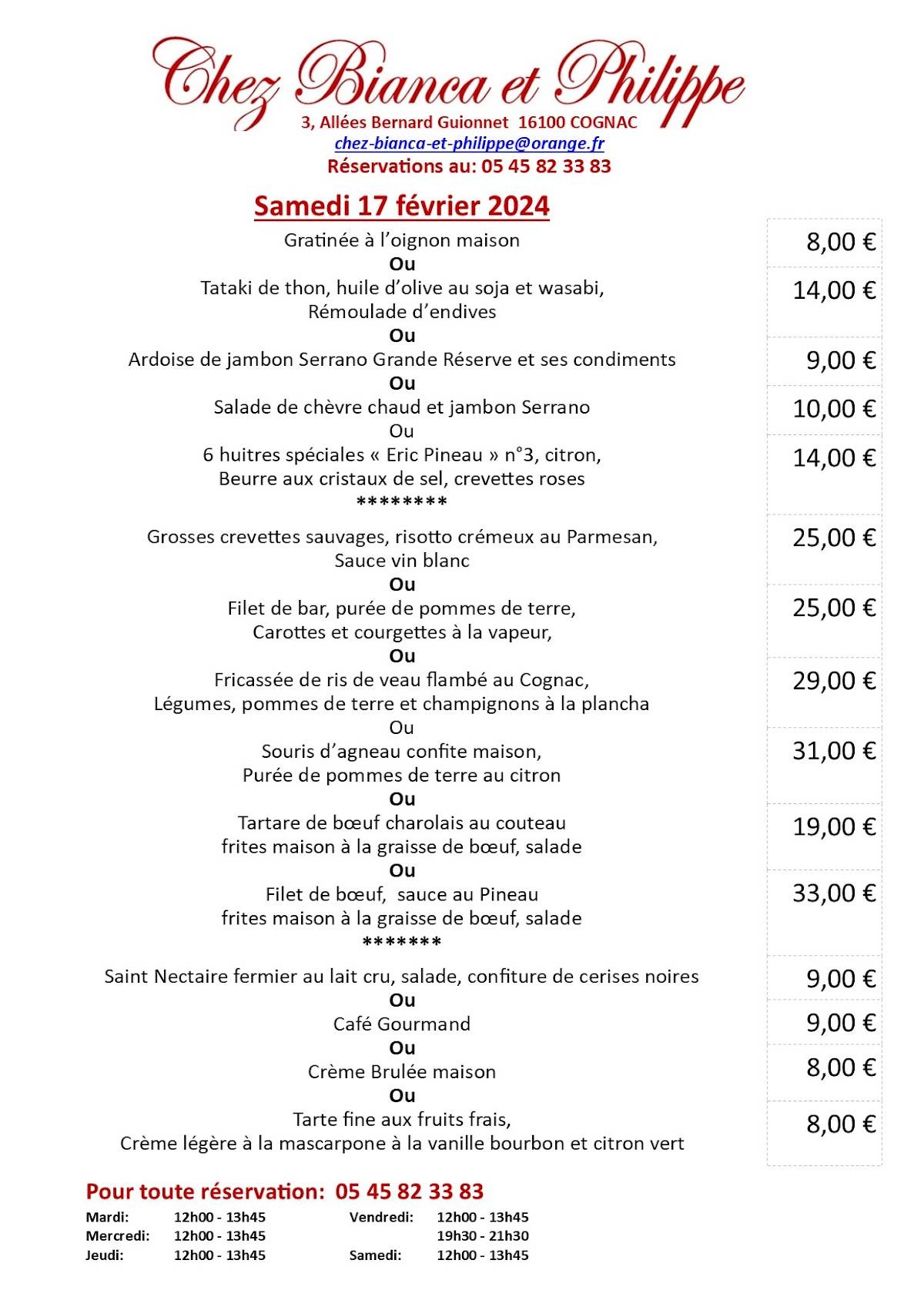 Menu au Restaurant "Chez Bianca et Philippe", Cognac