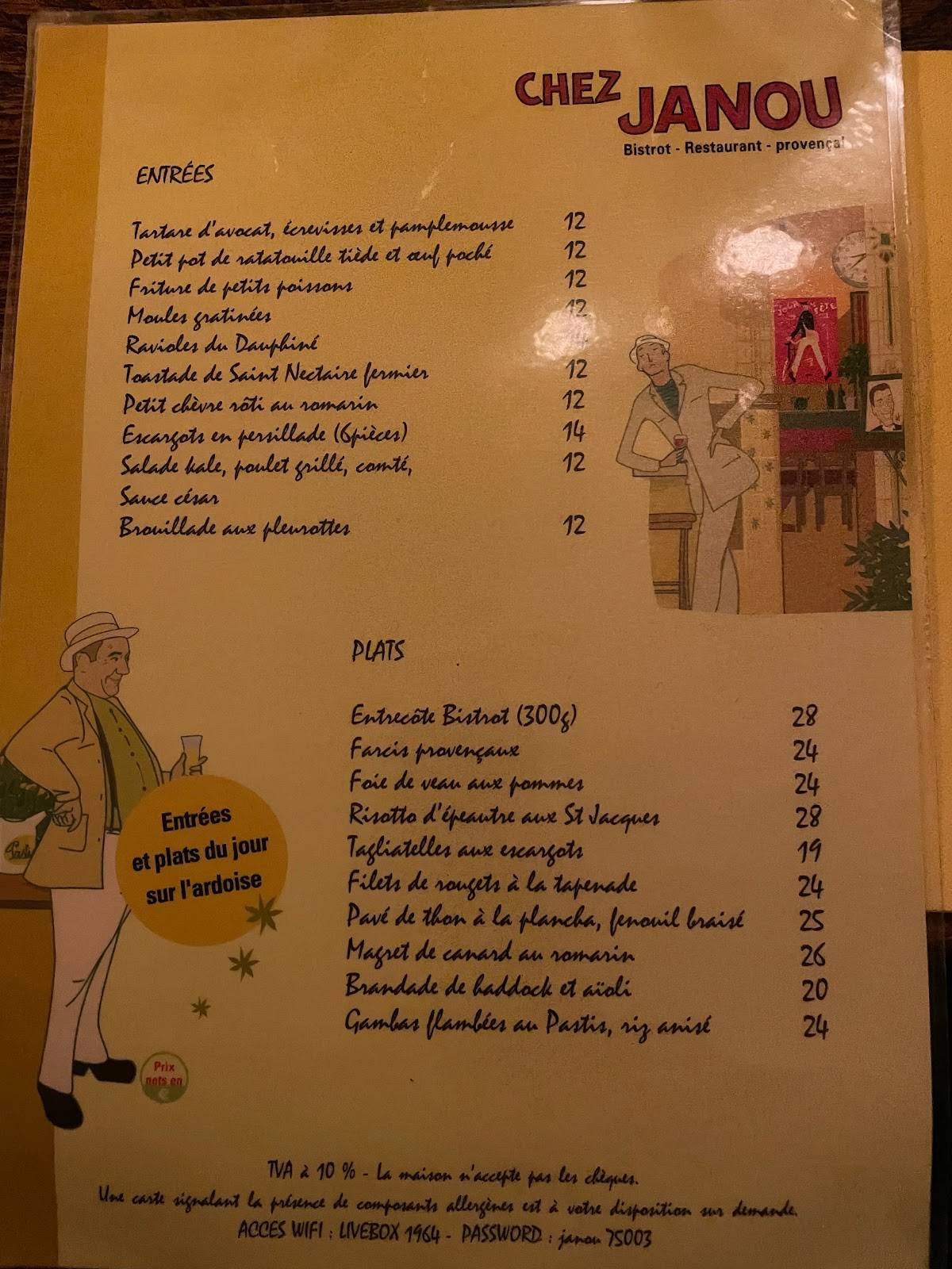Menu at Chez Janou restaurant, Paris, 2 Rue Roger Verlomme