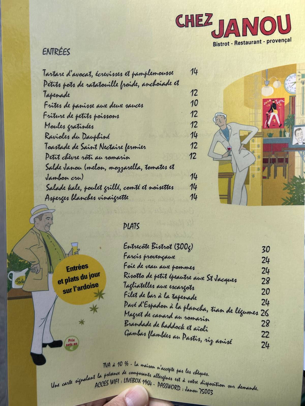Menu at Chez Janou restaurant, Paris, 2 Rue Roger Verlomme