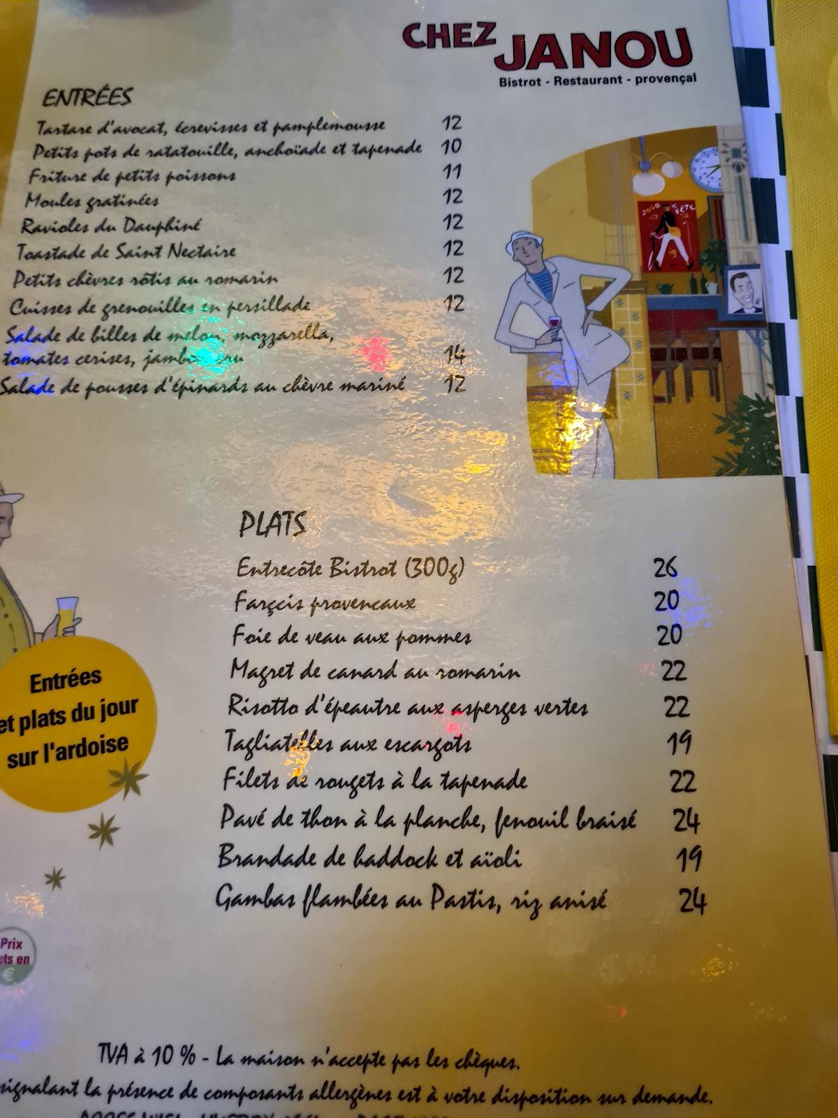Menu at Chez Janou restaurant, Paris, 2 Rue Roger Verlomme