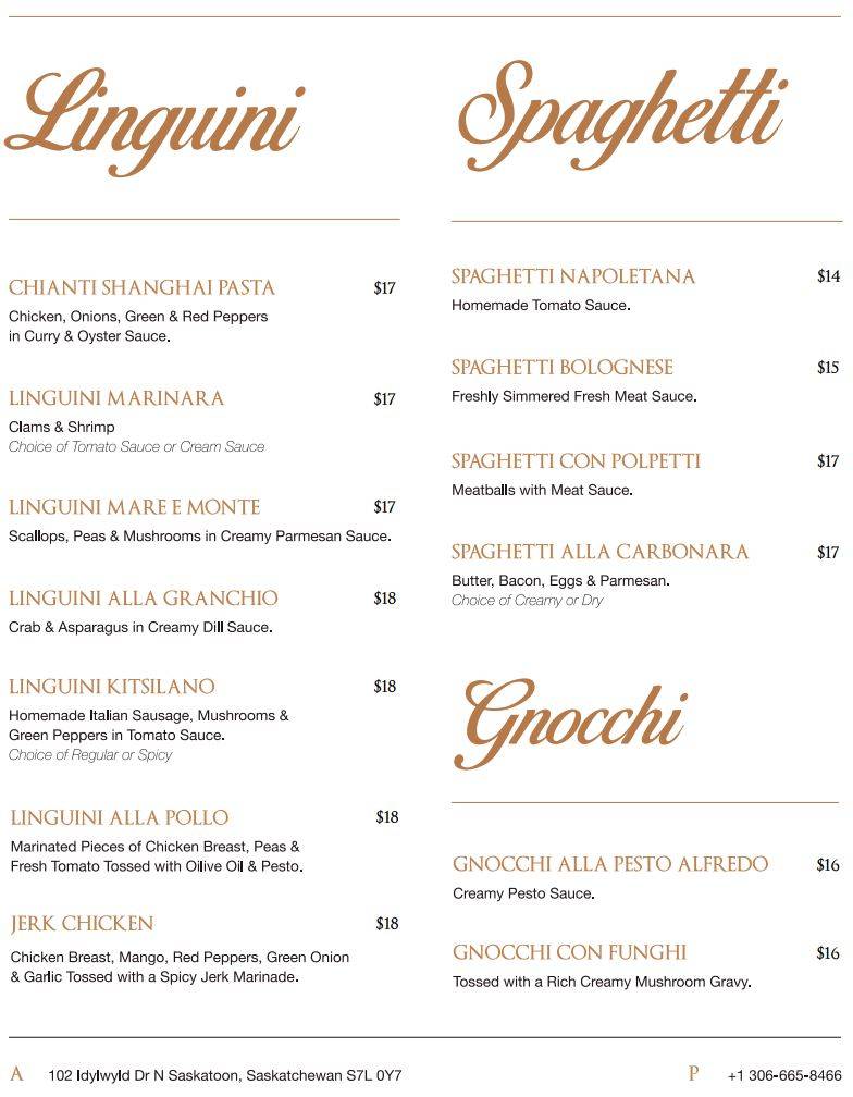 Menu at Chianti Cafe & Restaurant, Saskatoon