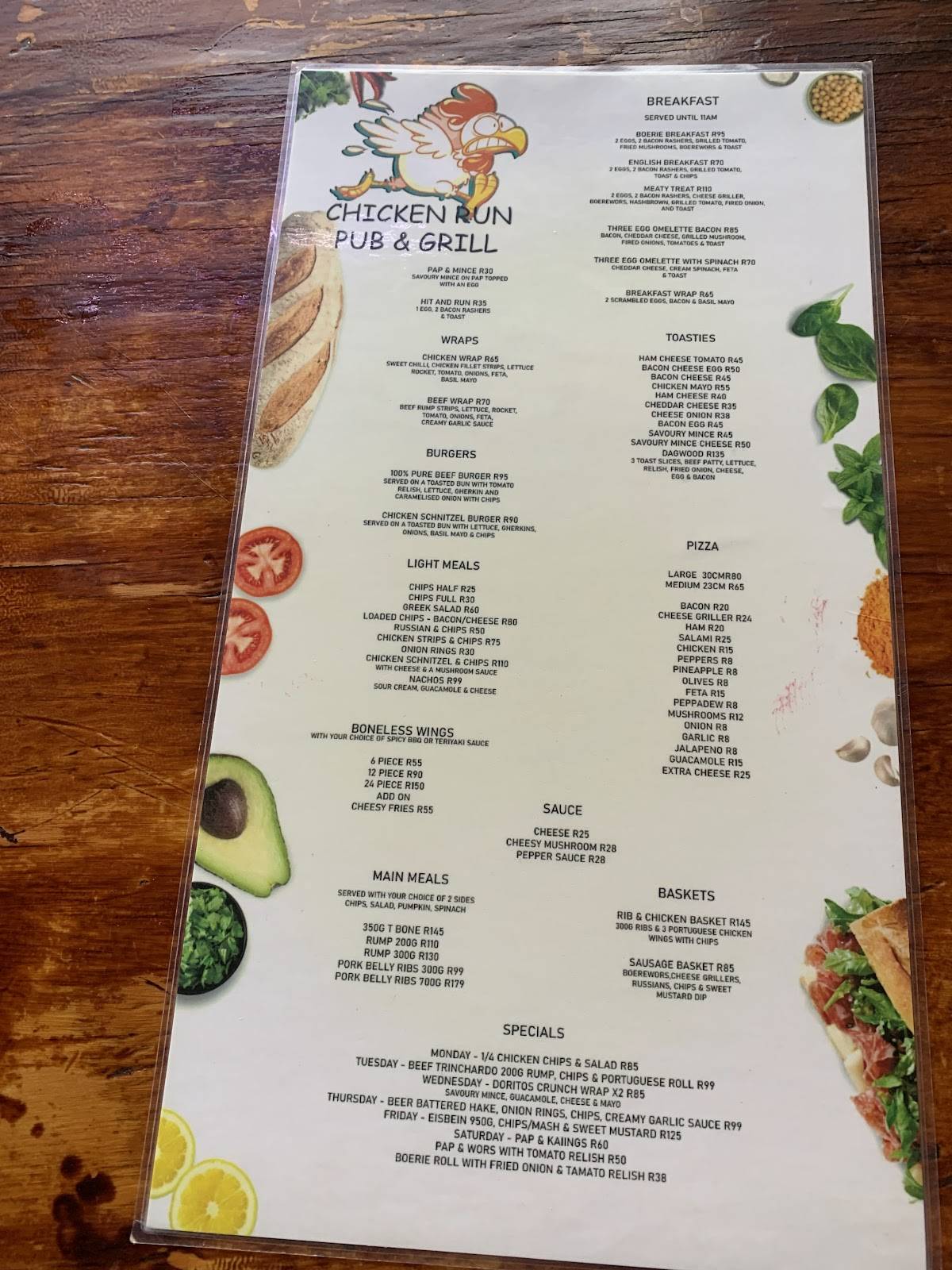 Menu at Chicken Run Pub & Grill, South Africa