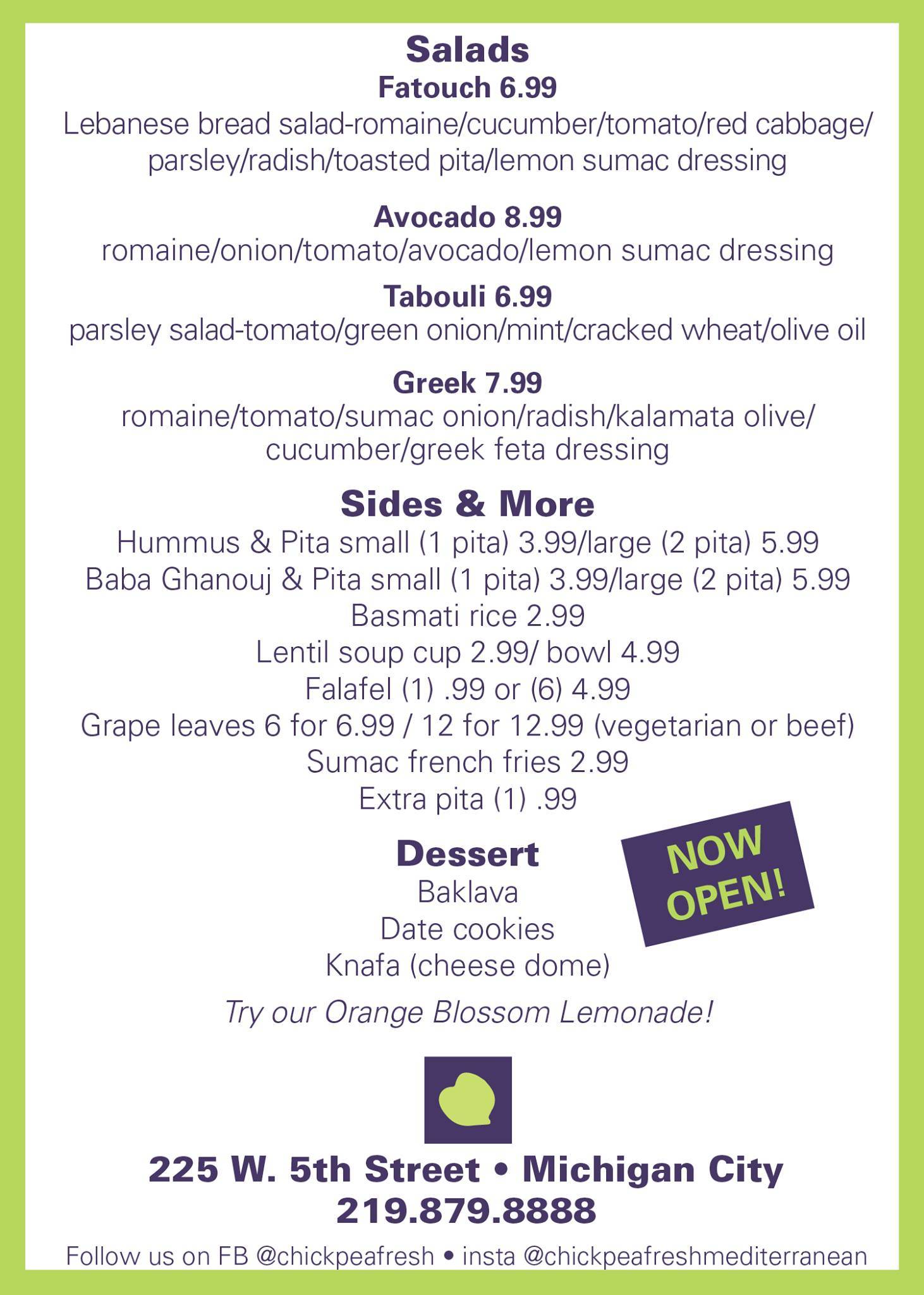 Menu at Chickpea restaurant, Michigan City