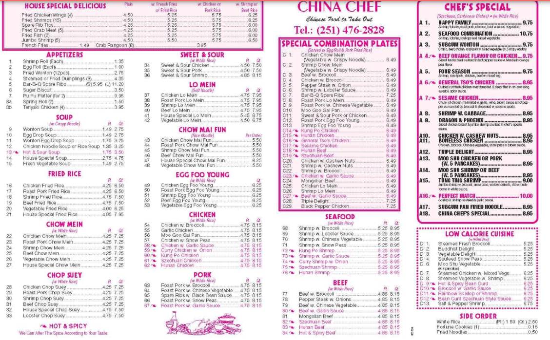 Menu at China Chef Chinese Restaurant, Mobile, SpringHill Ave