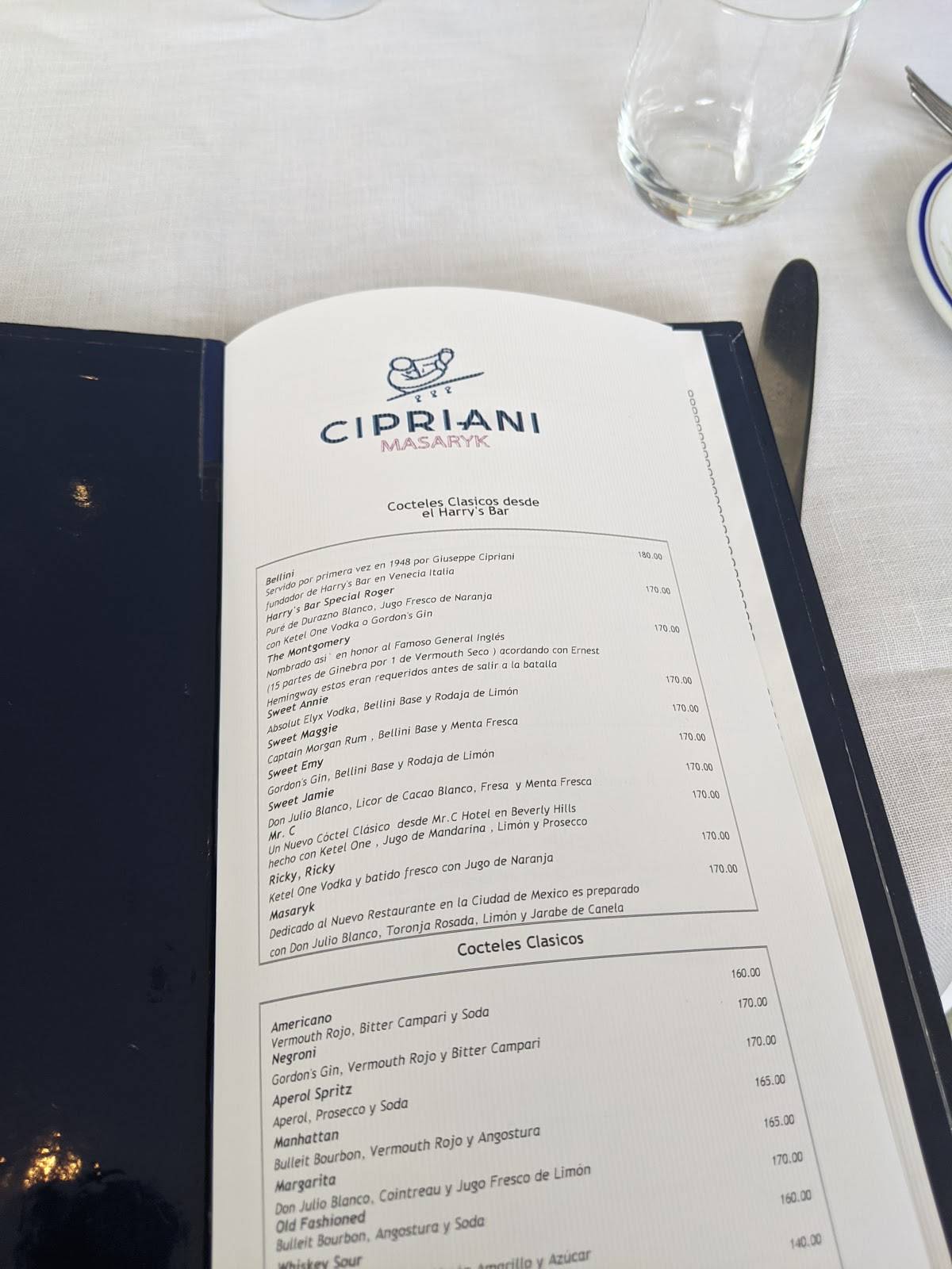 Menu at Cipriani restaurant, Ciudad López Mateos