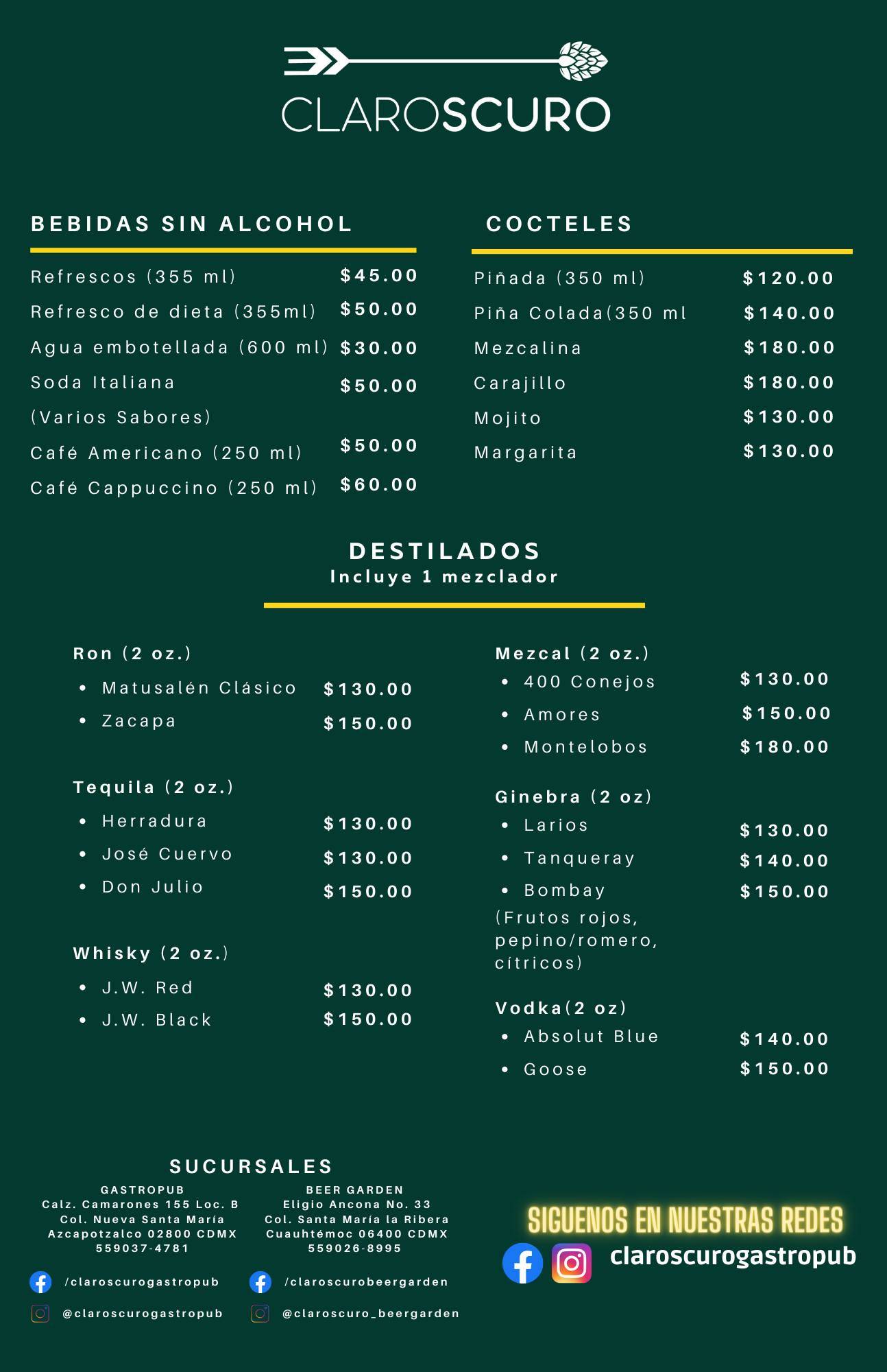 Carta de Claroscuro Gastropub, Ciudad de México, Calzada Camarones 155
