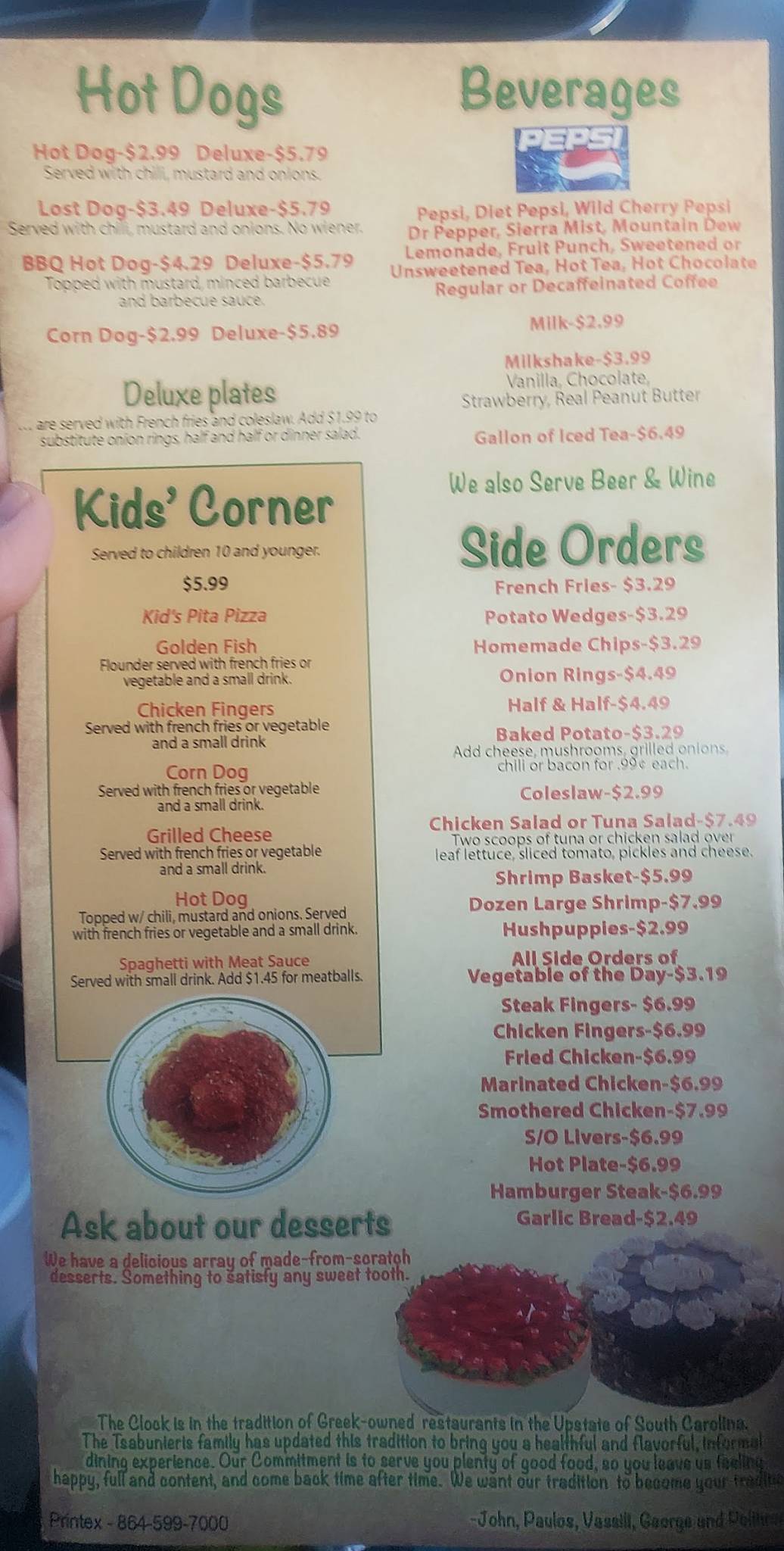 Menu at Clock of Gaffney restaurant, Gaffney